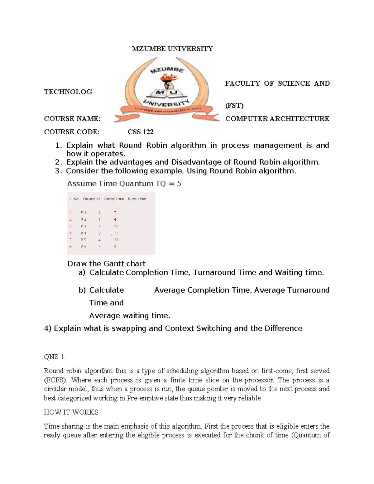 Architecture - qustion with answers - MZUMBE UNIVERSITY FACULTY OF ...