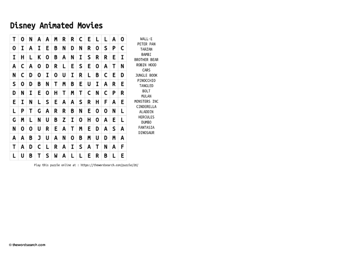 Thewordsearch com disney animated movies 26 - pn 133 - Studocu