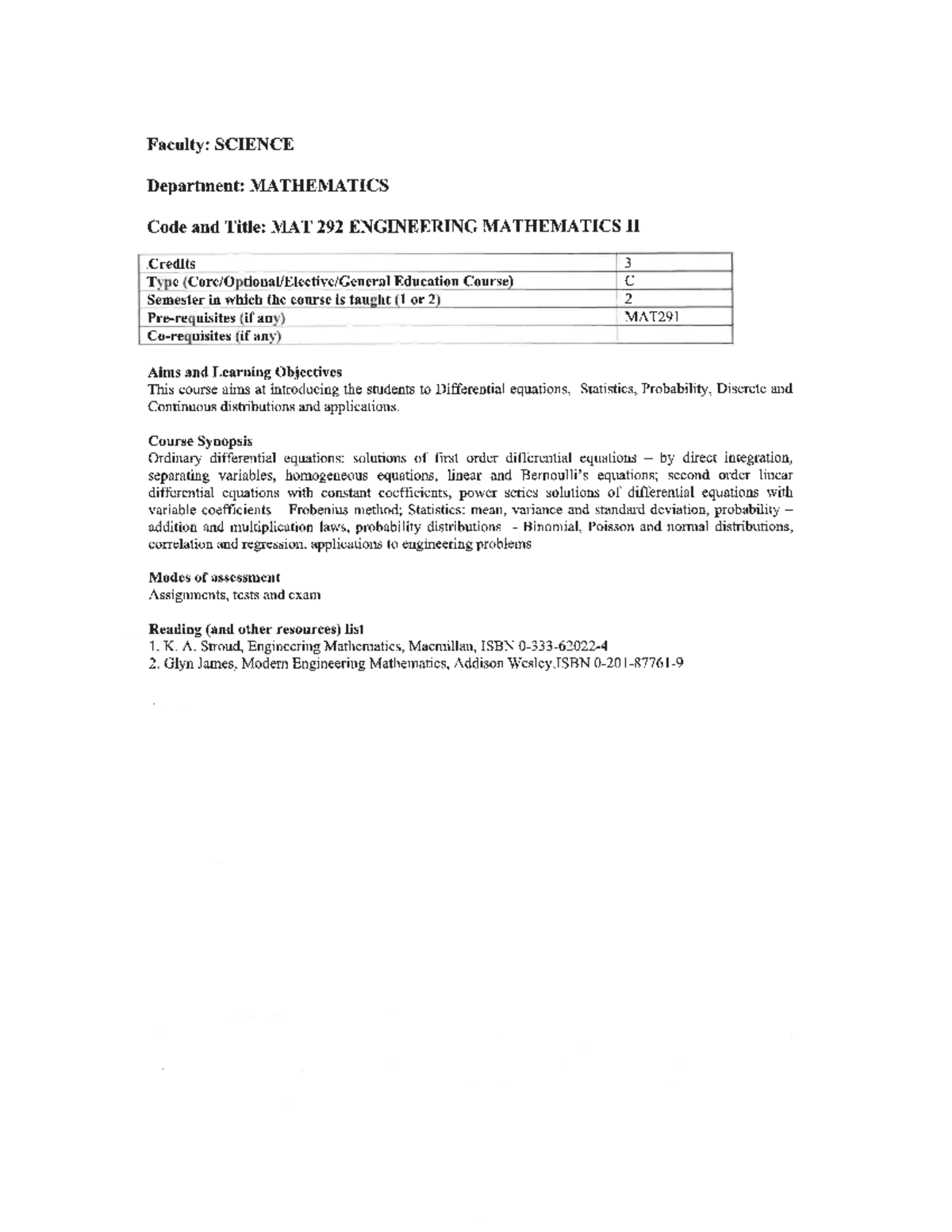 Engineering Math II - overview - Faculty: SCIENCE Department ...