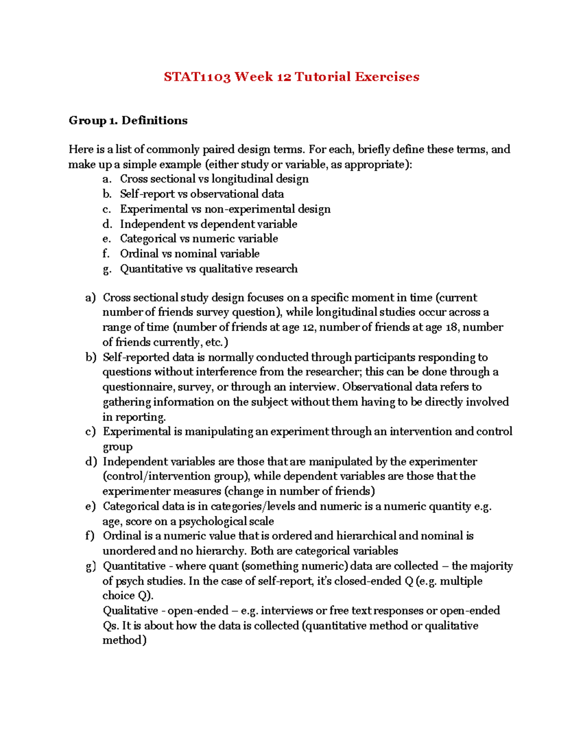 STAT1103 Week 12 Tutorial Work - Definitions Here is a list of commonly paired design terms. For ...