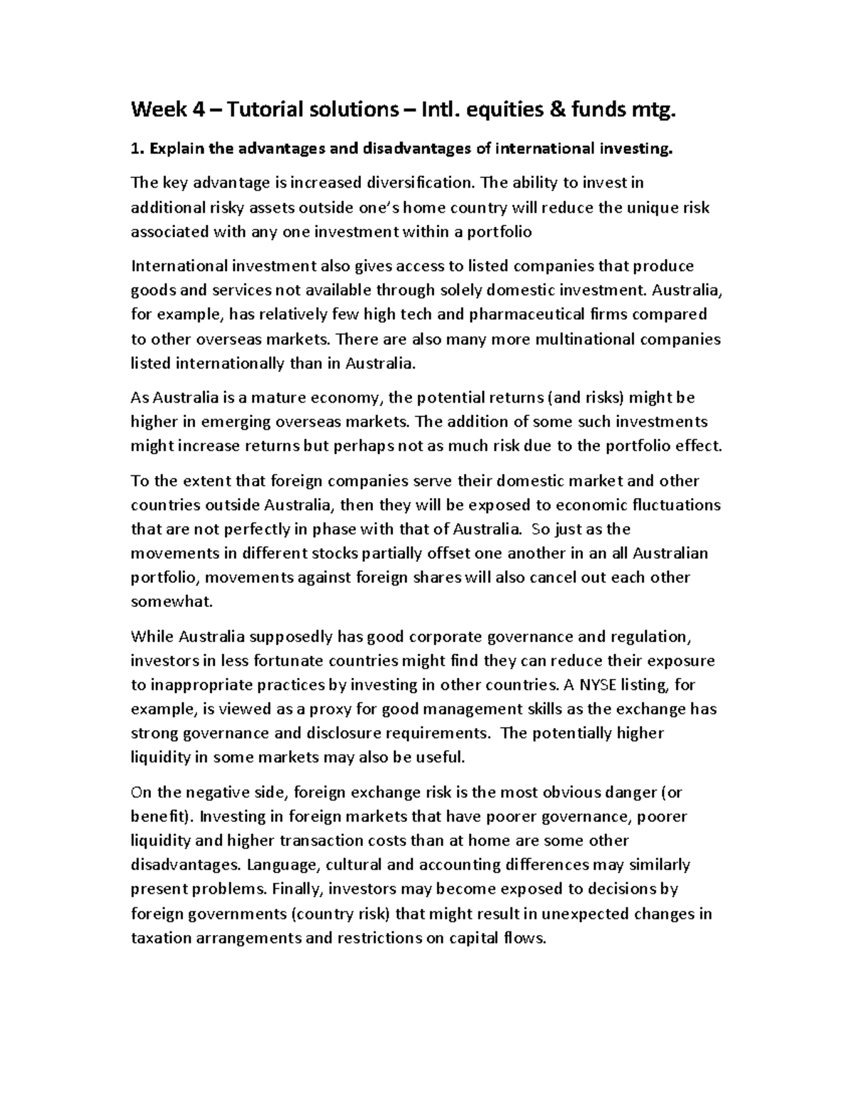 Week 4 tutorial solutions - intl equities funds management - Week 4 Tutorial solutions Intl ...
