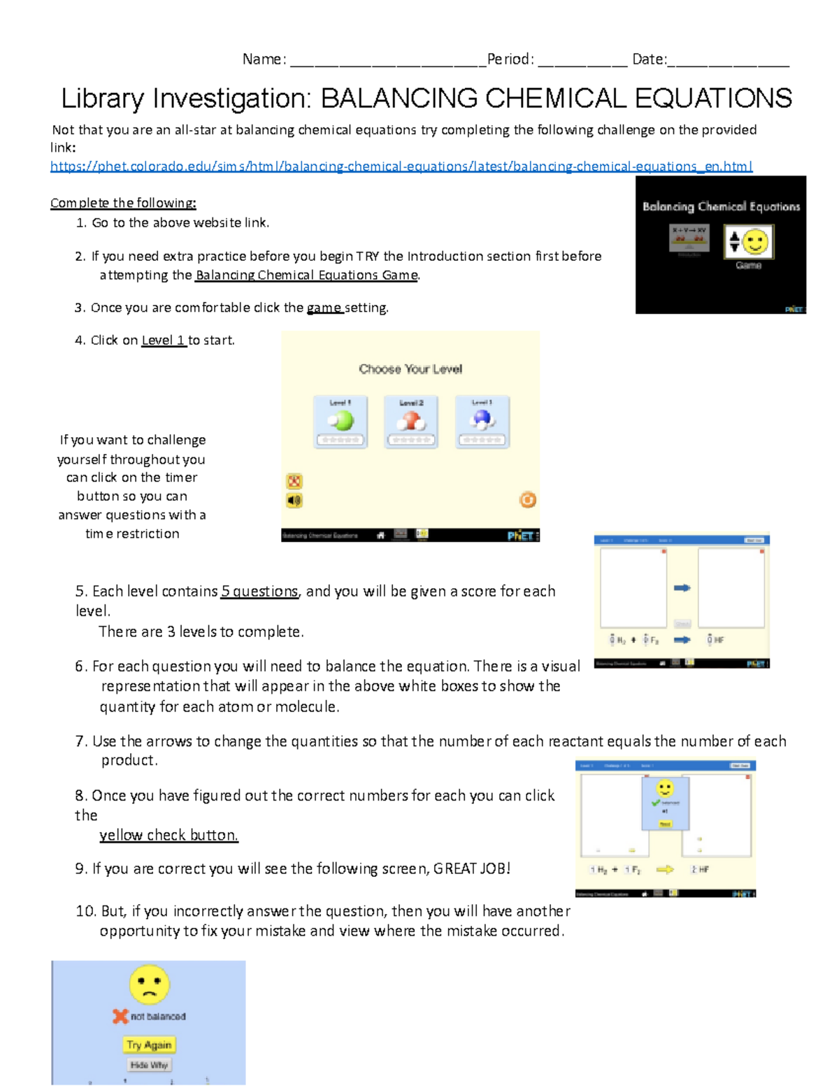 Phet Balancing Chemical Equations Game Activity - Google Docs - Name ...