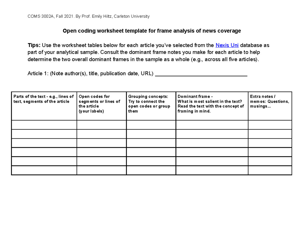 COMS 3002 Open coding worksheet template, EHiltz - Open coding ...