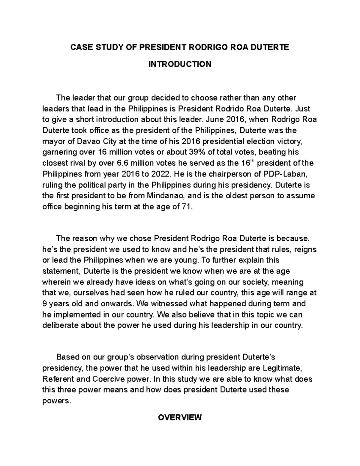 CASE- Study-OF- President- Rodrigo-ROA- Duterte 085153 - CASE STUDY OF PRESIDENT RODRIGO ROA ...