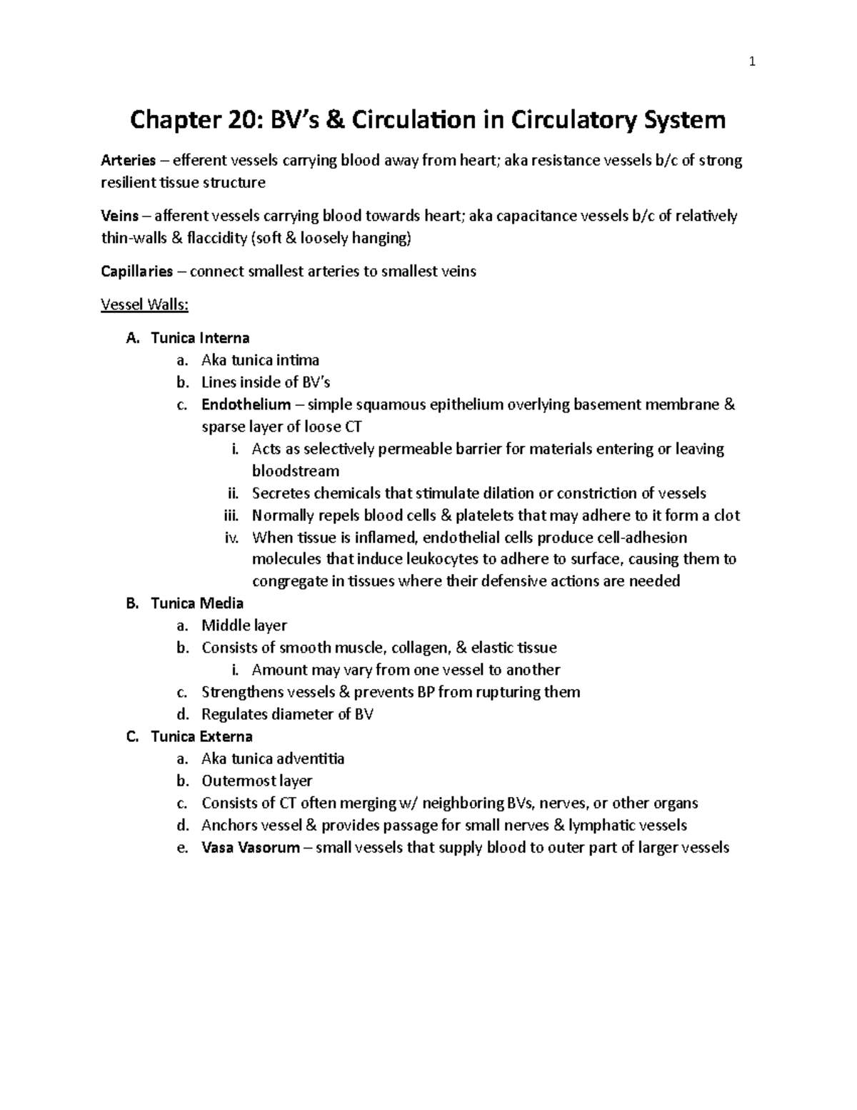 Chapter 20 BV's and Circulation in Circulatory System - Chapter 20: BV’s & Circulation in - Studocu