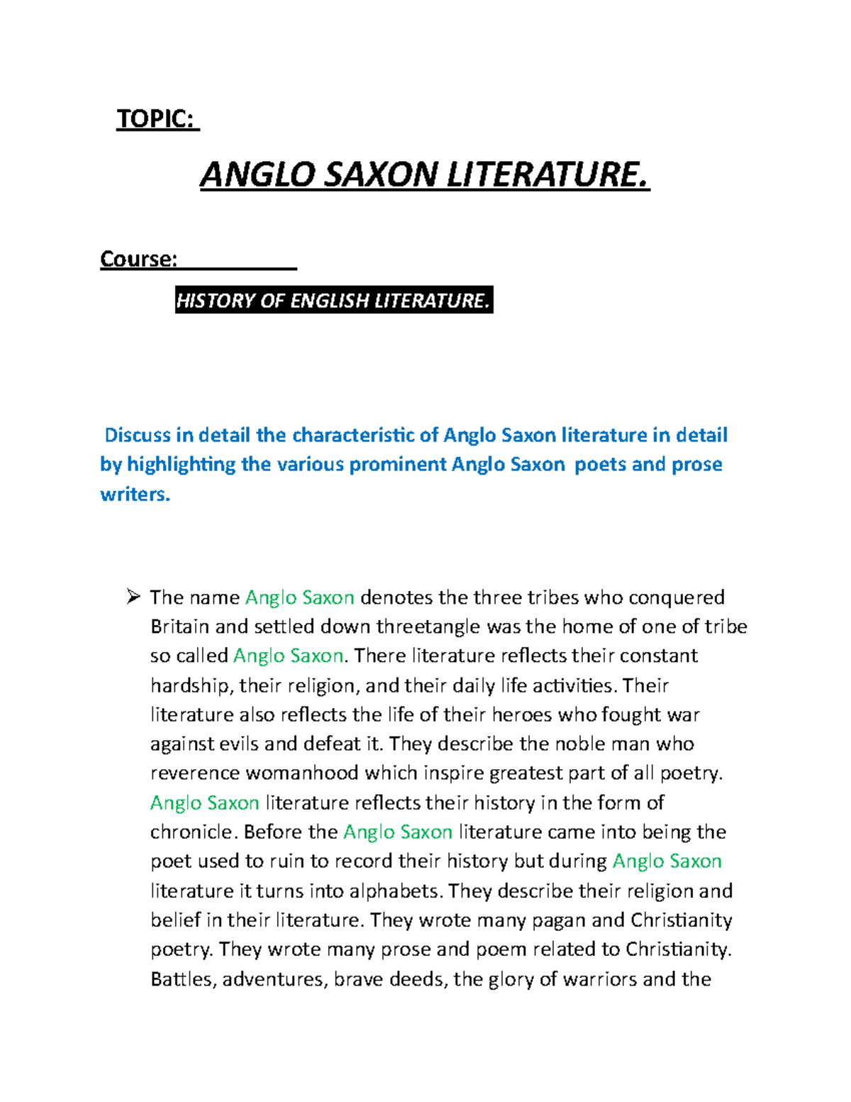 Anglo Saxon Literature - TOPIC: ANGLO SAXON LITERATURE. Course: HISTORY ...