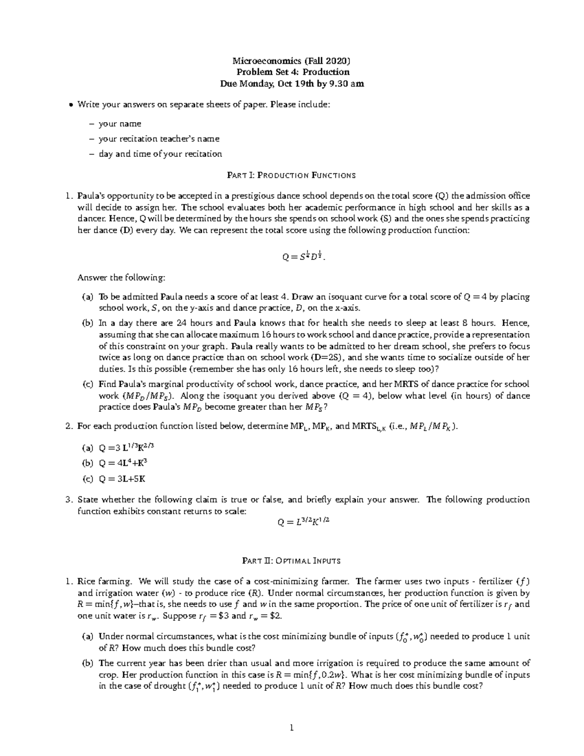 ProblemSet4 Fall 2020 - Microeconomics (Fall 2020) Problem Set 4 ...