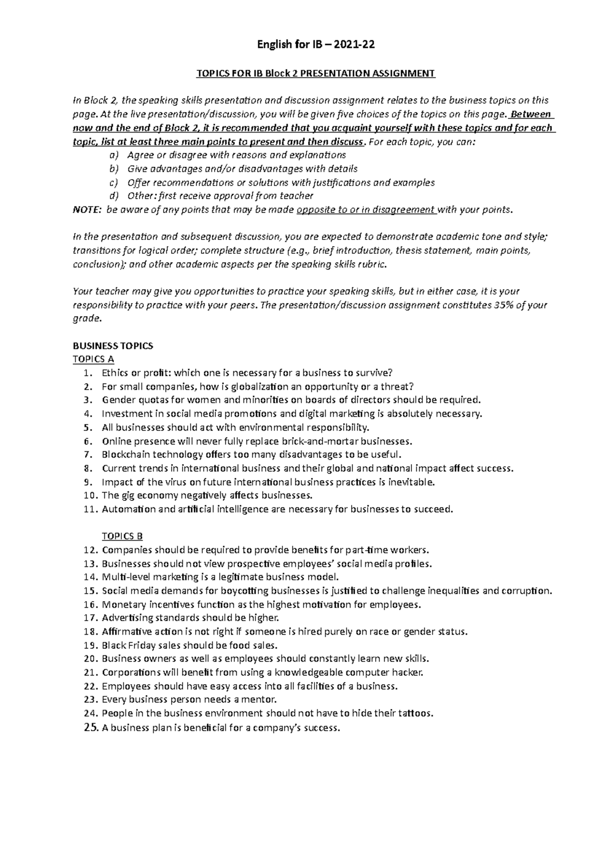 General Business Topics for IB Presentation - English for IB – 2021 ...