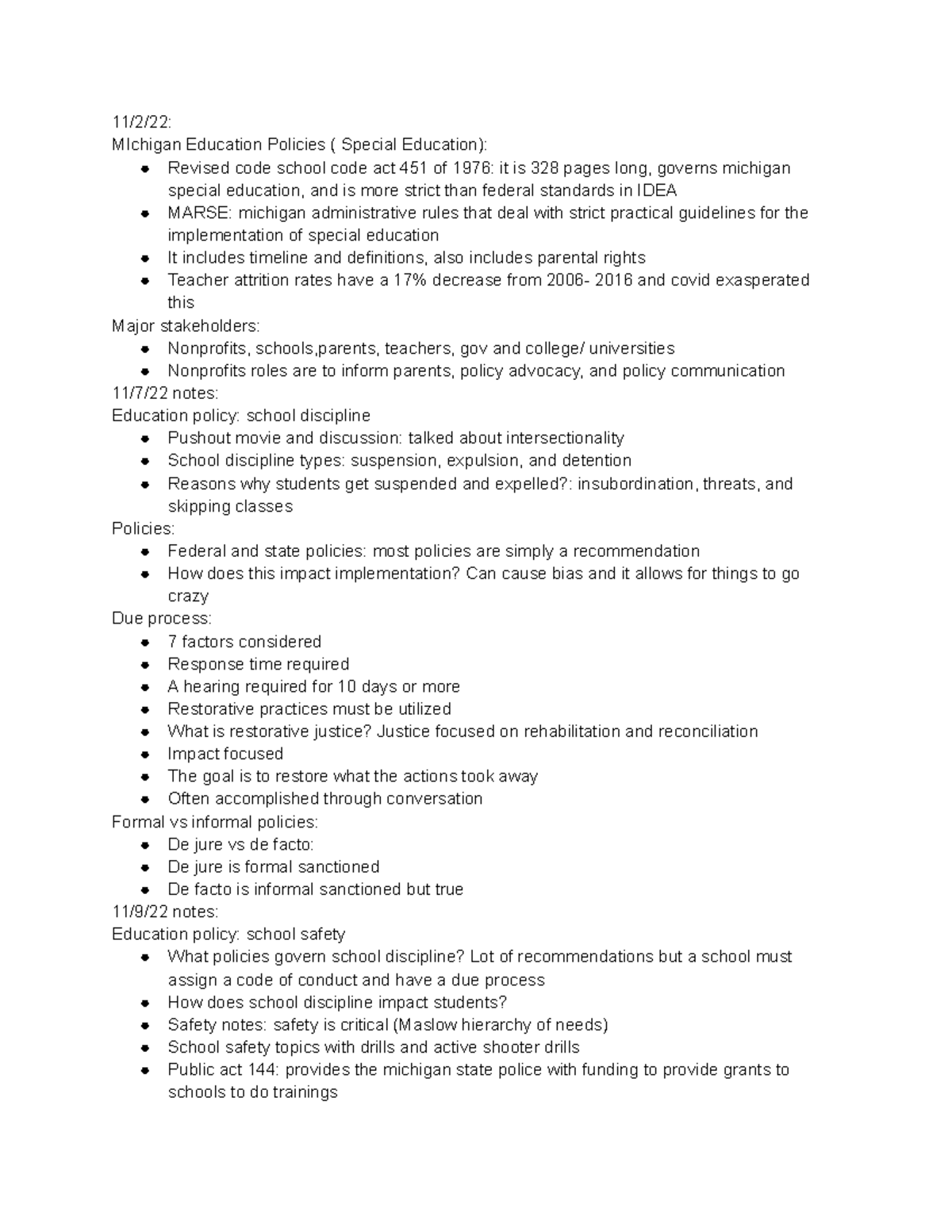 PLS 422 November notes - 11/2/22: MIchigan Education Policies ( Special ...