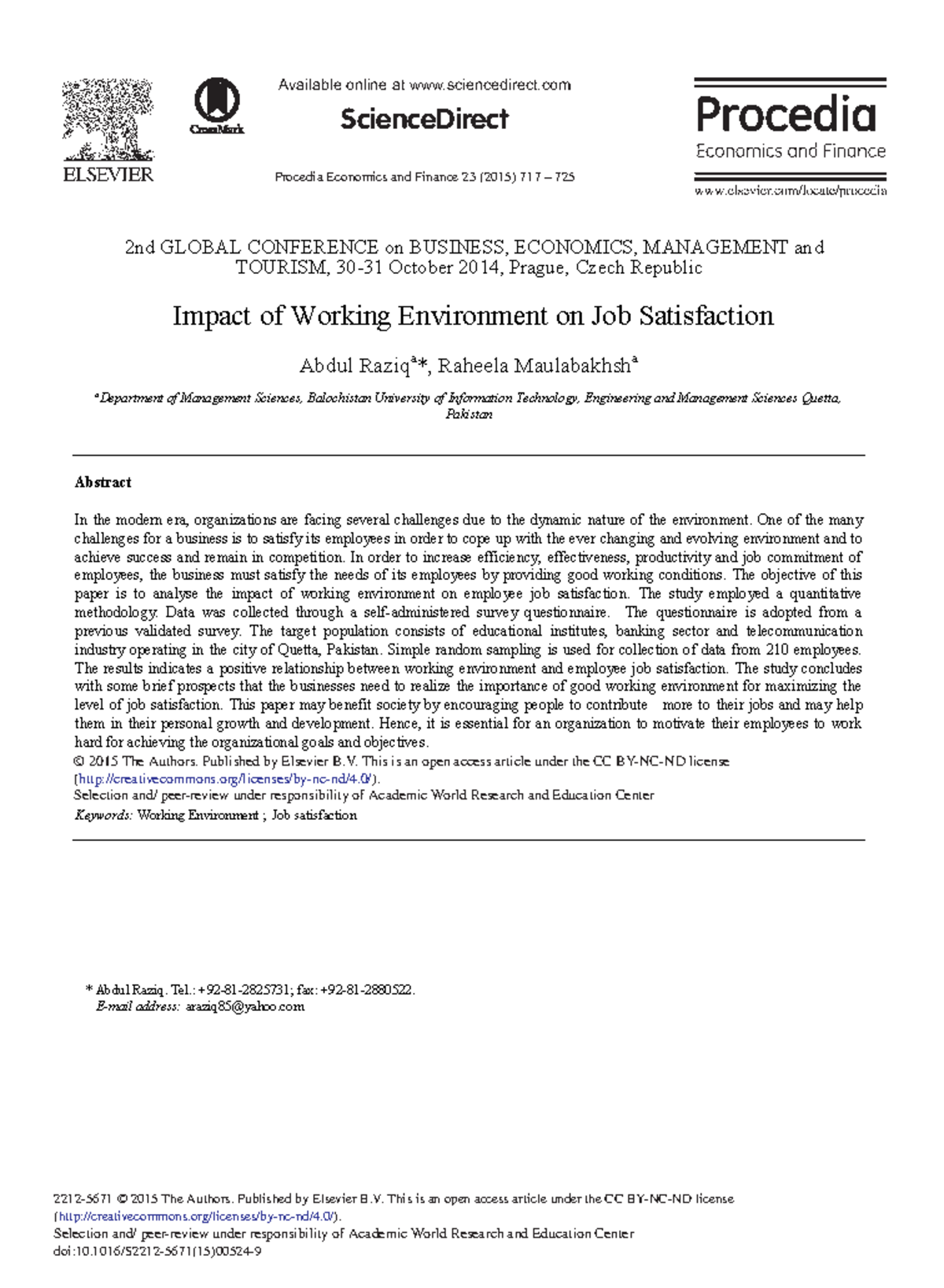 Job satisfaction research paper - Procedia Economics and Finance 23 ...