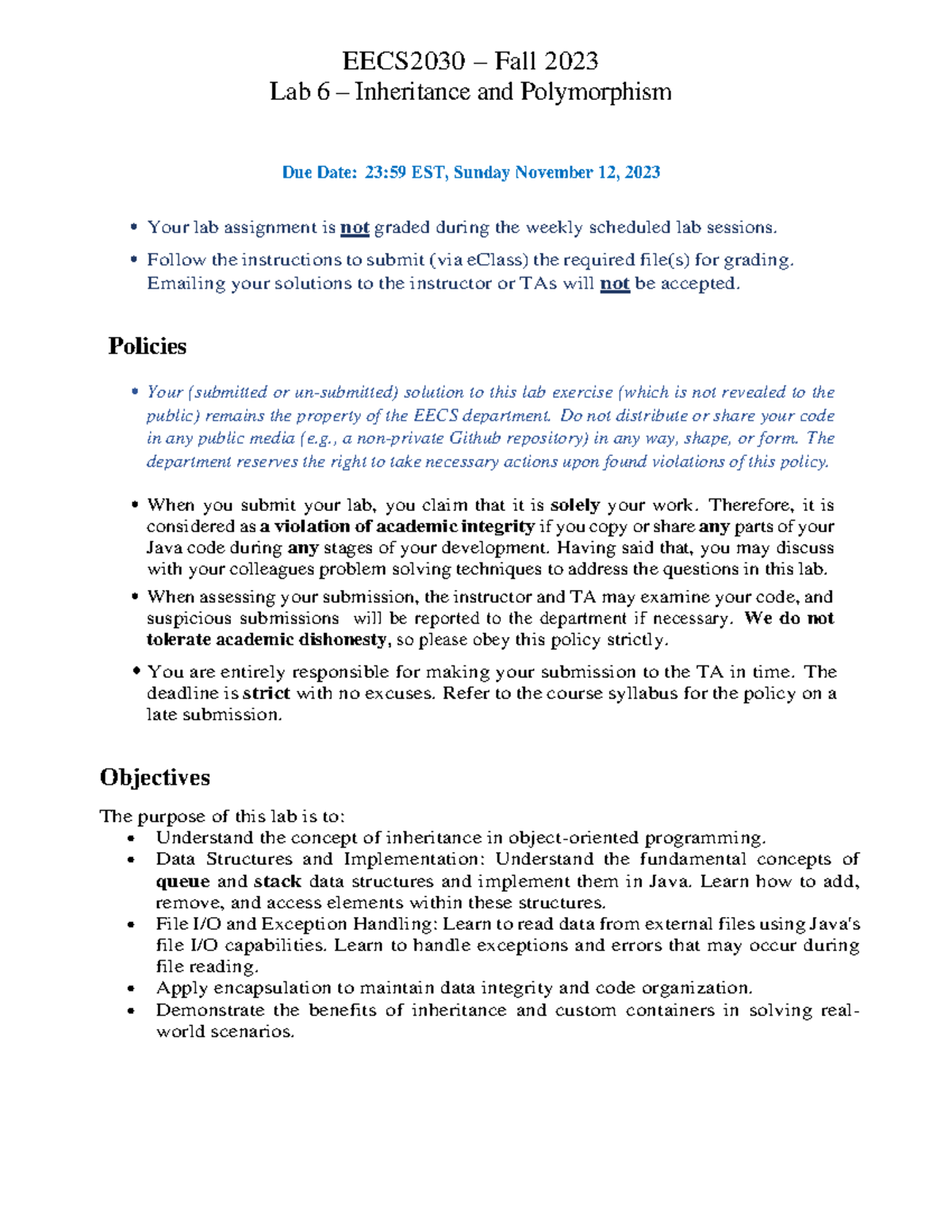 Lab6 CLO125 - notes - EECS2030 – Fall 2023 Lab 6 – Inheritance and ...