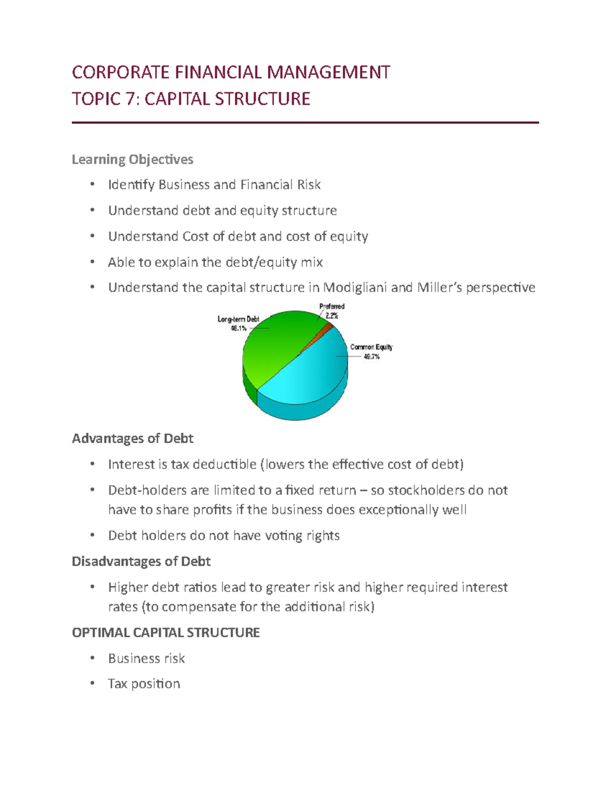 Corporate Financial Management Topic 7CAPITAL STRUCTURE - CORPORATE ...