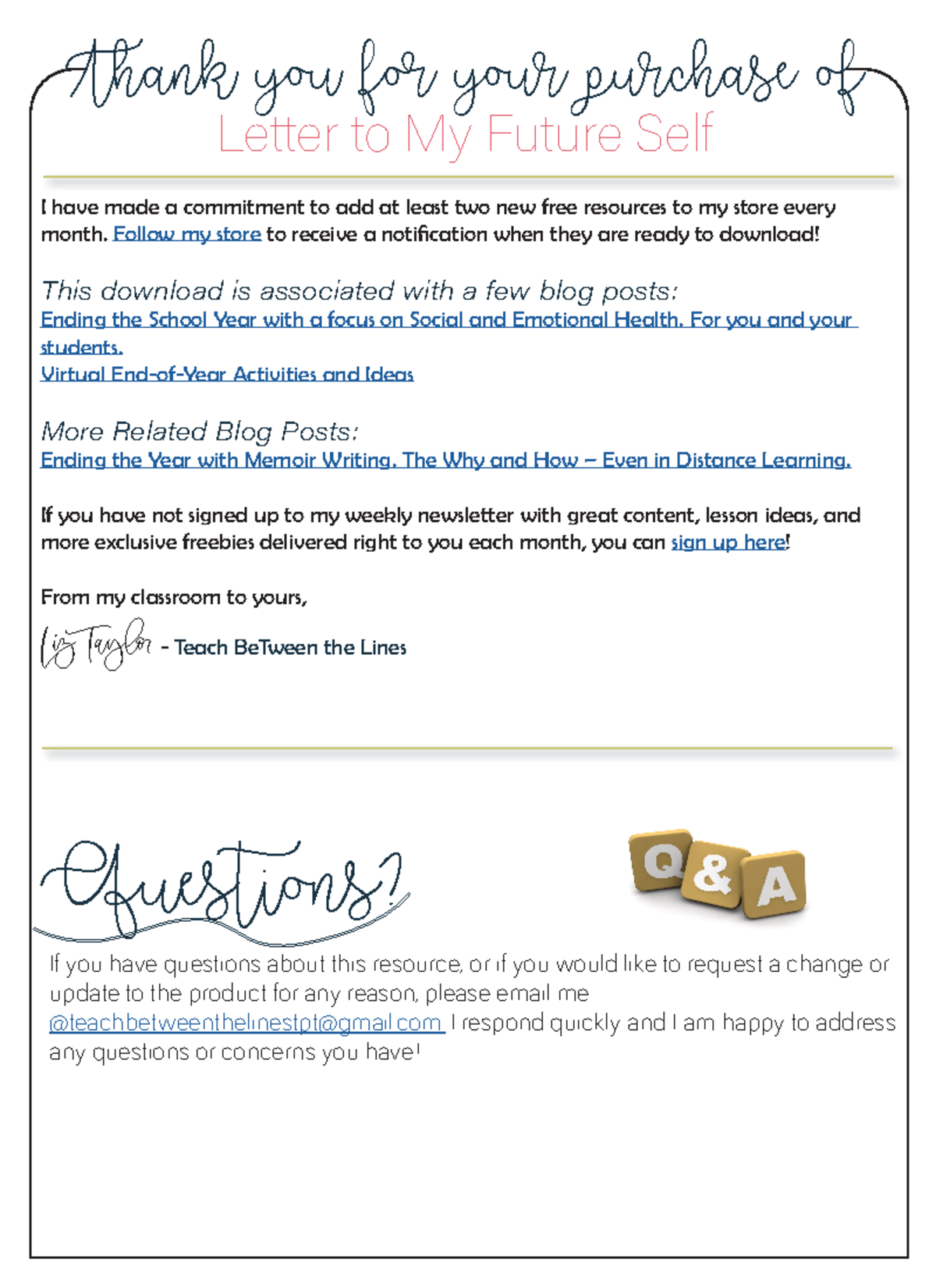 Endof Year Activity Letter to My Future Self - Thank you for your ...