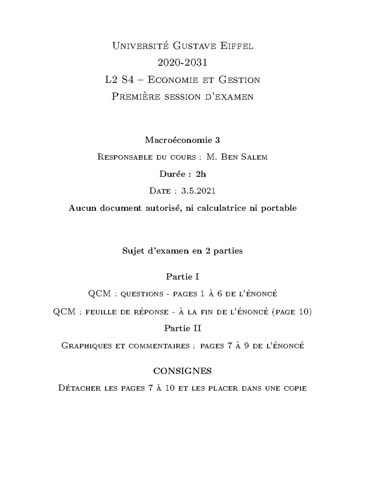 Partiel Macro 3 - Universit ́e Gustave Eiffel 2020- L2 S4 – Economie et Gestion Premi`ere ...