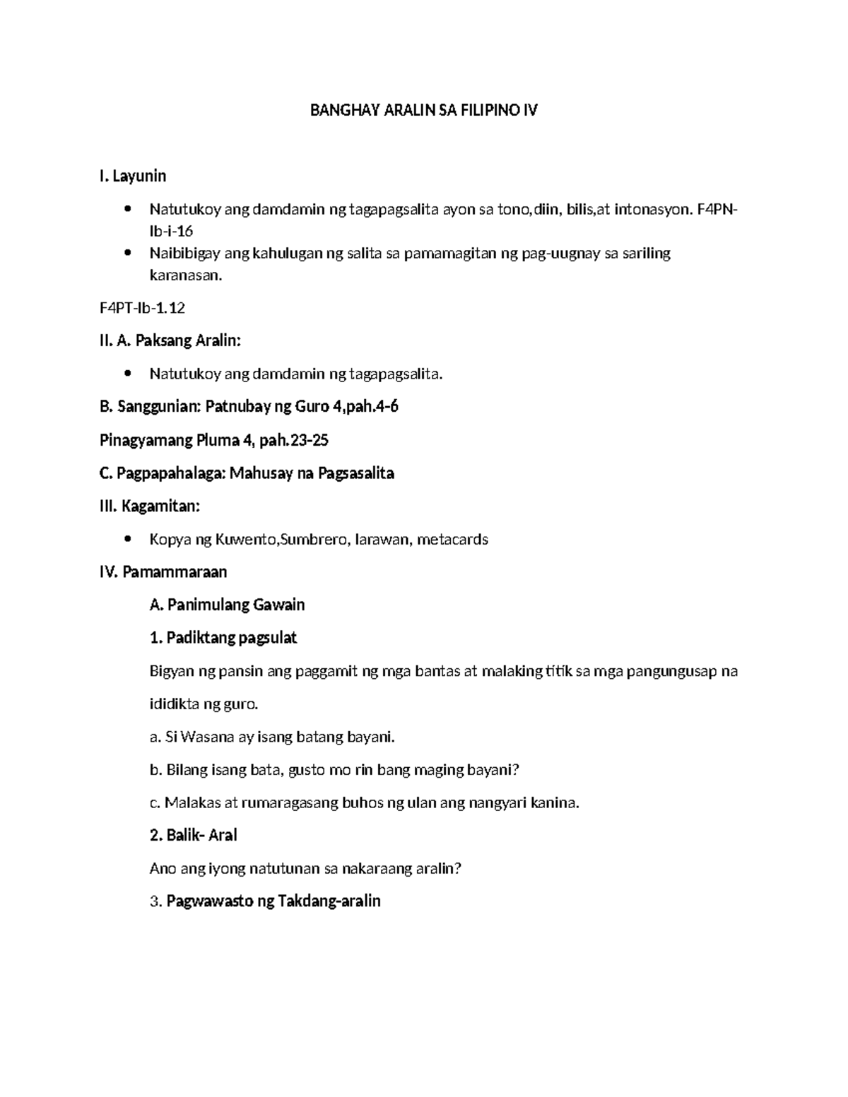 Lp3 - LESSON PLAN FILIPINO 4 - BANGHAY ARALIN SA FILIPINO IV I. Layunin ...