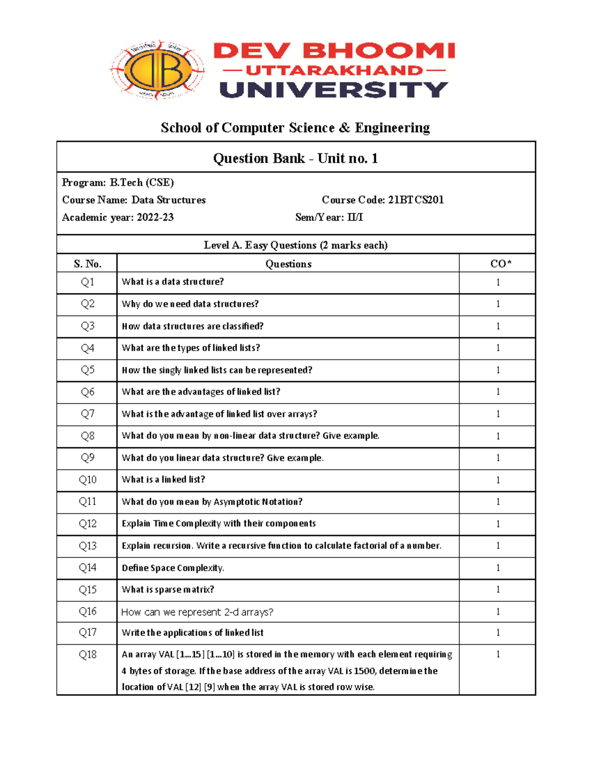 Ds unit 1 - School of Computer Science & Engineering Question Bank - Unit no. 1 Program: B (CSE ...