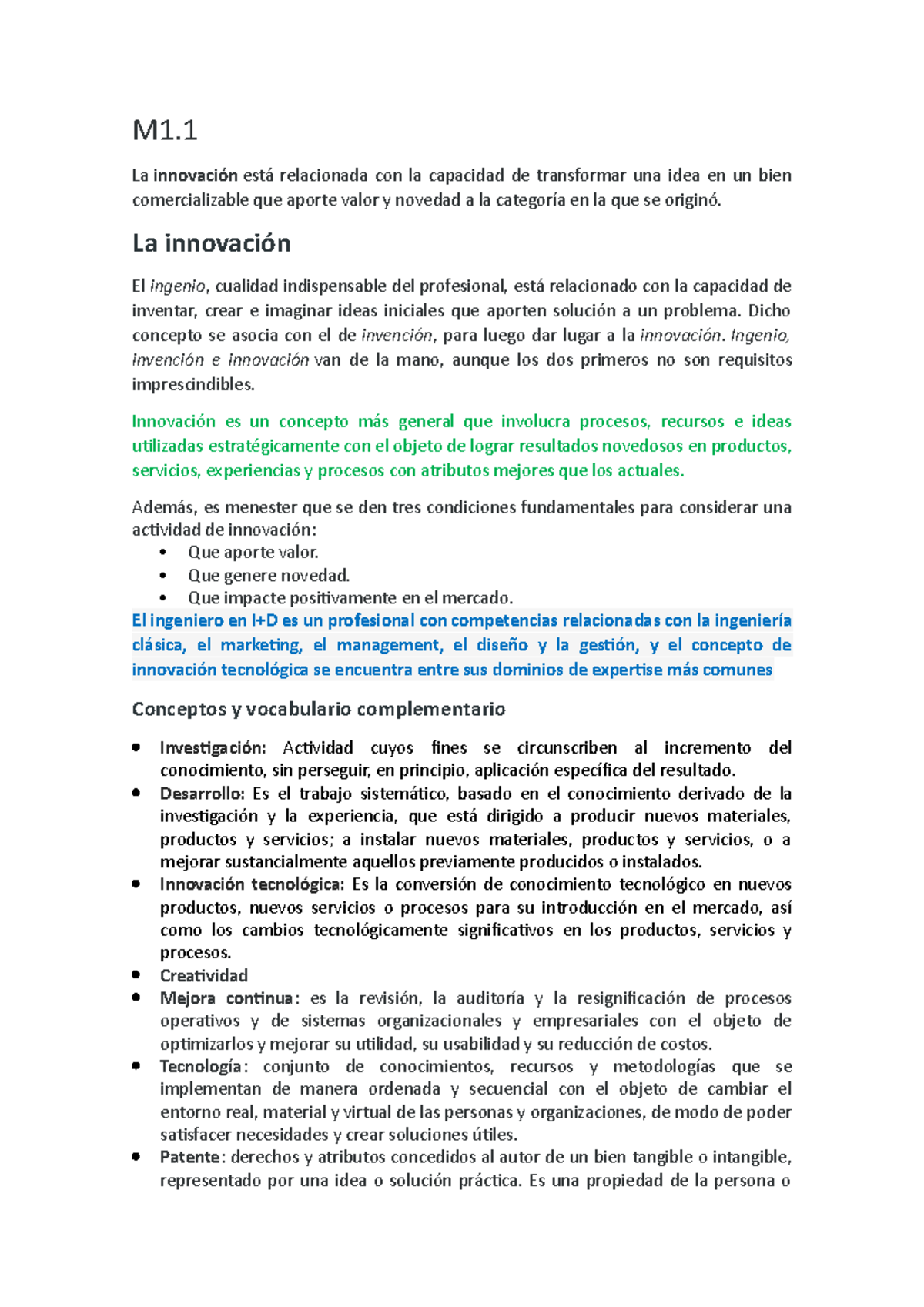 M1 y M2 - resumen de moludo 1 y modulo 2 de innovacion tecnologica - M1. La innovación está ...
