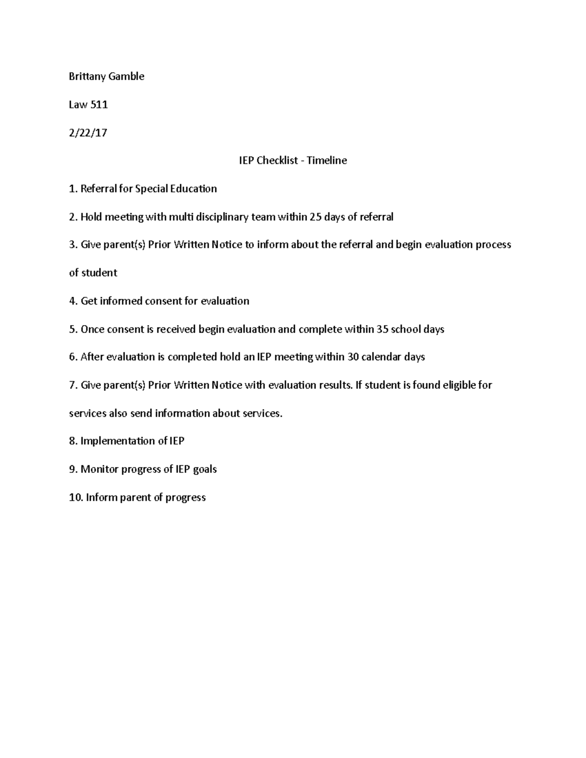 IEP Checklist Timeline - Brittany Gamble Law 511 2/22/ IEP Checklist ...