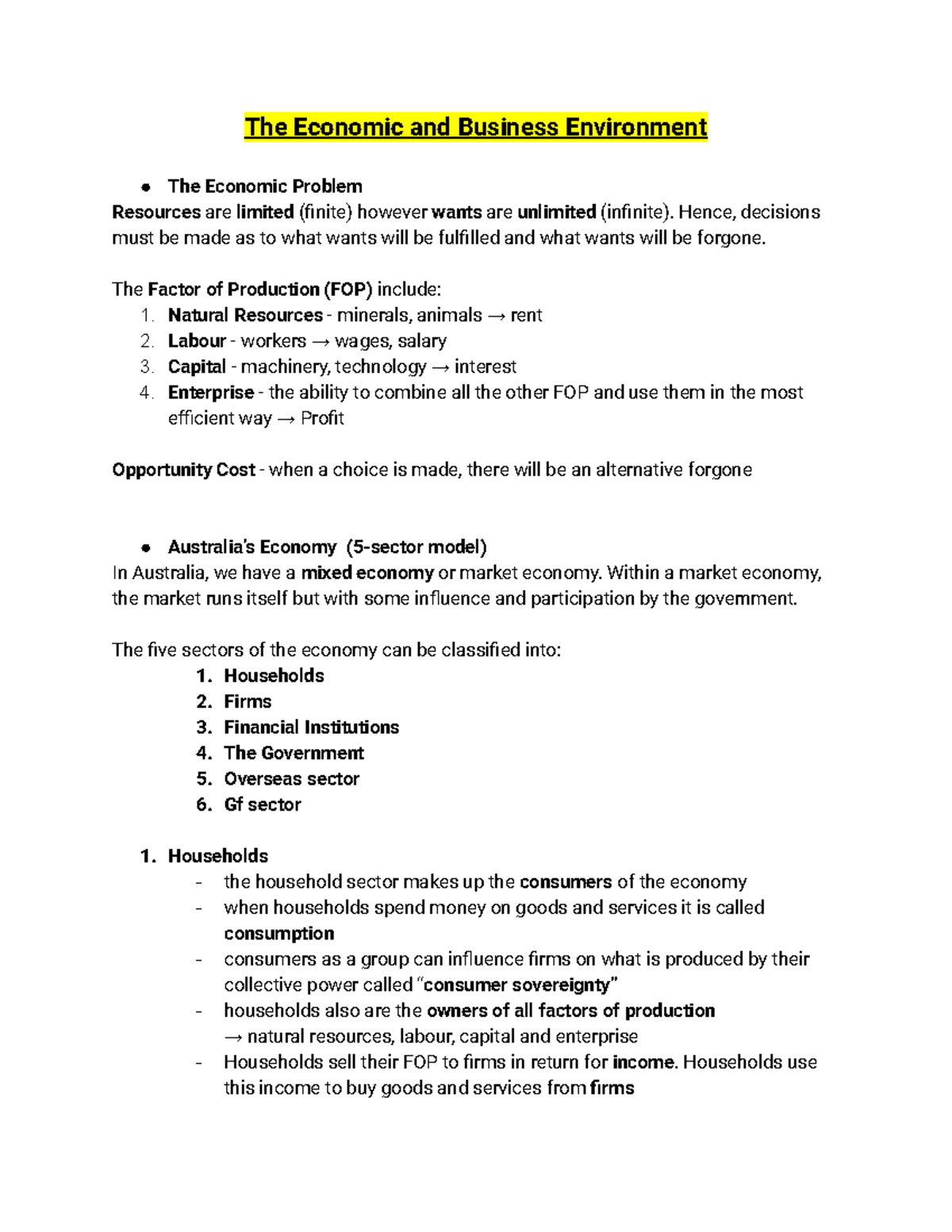 Commerce Revision Notes - The Economic and Business Environment The ...