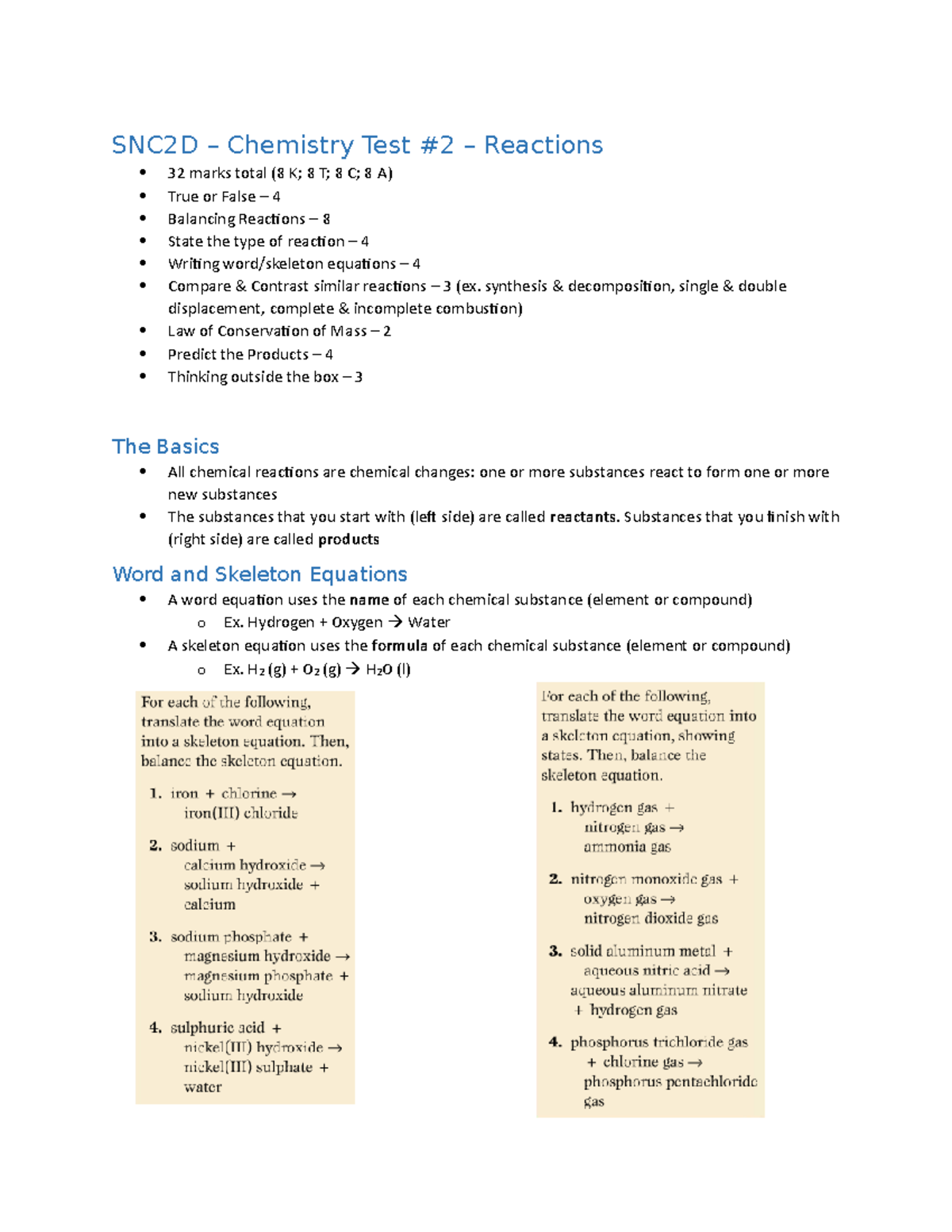 SNC2D Reactions Test Review 3 - SNC2D – Chemistry Test #2 – Reactions ...