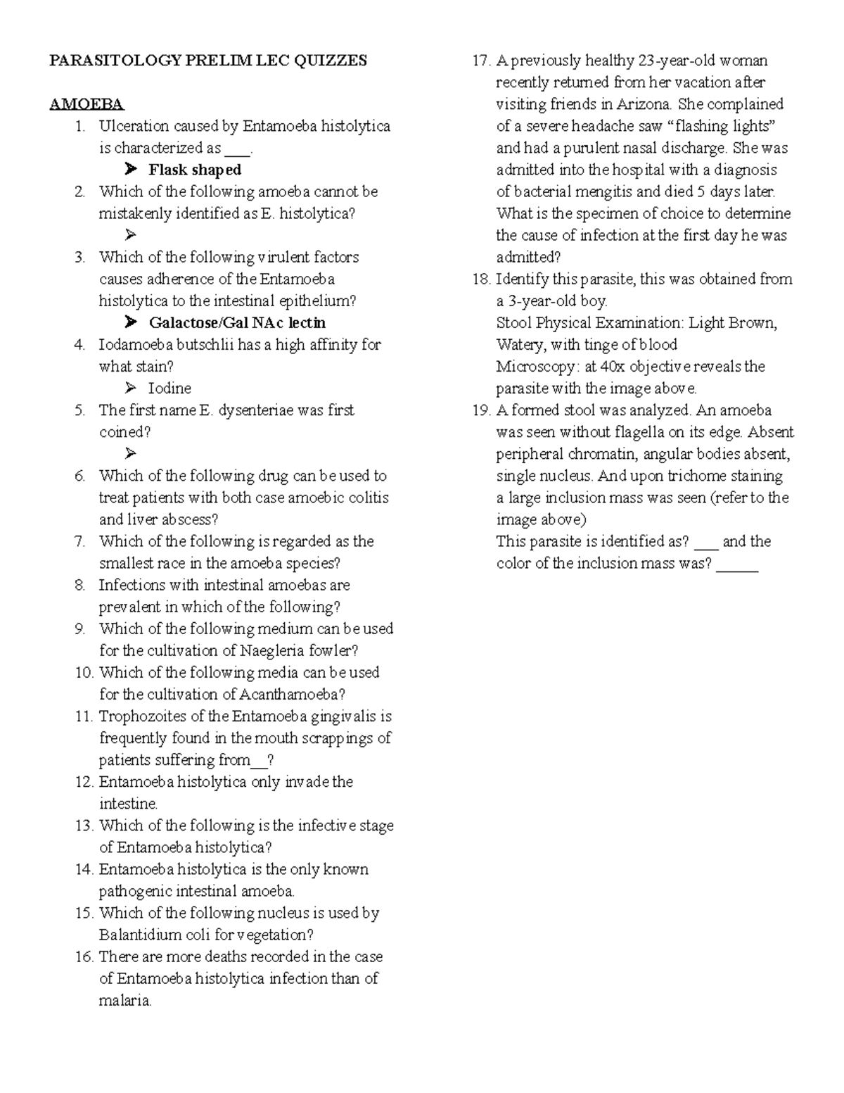 Parasitology Prelim LEC Quizzes - PARASITOLOGY PRELIM LEC QUIZZES ...