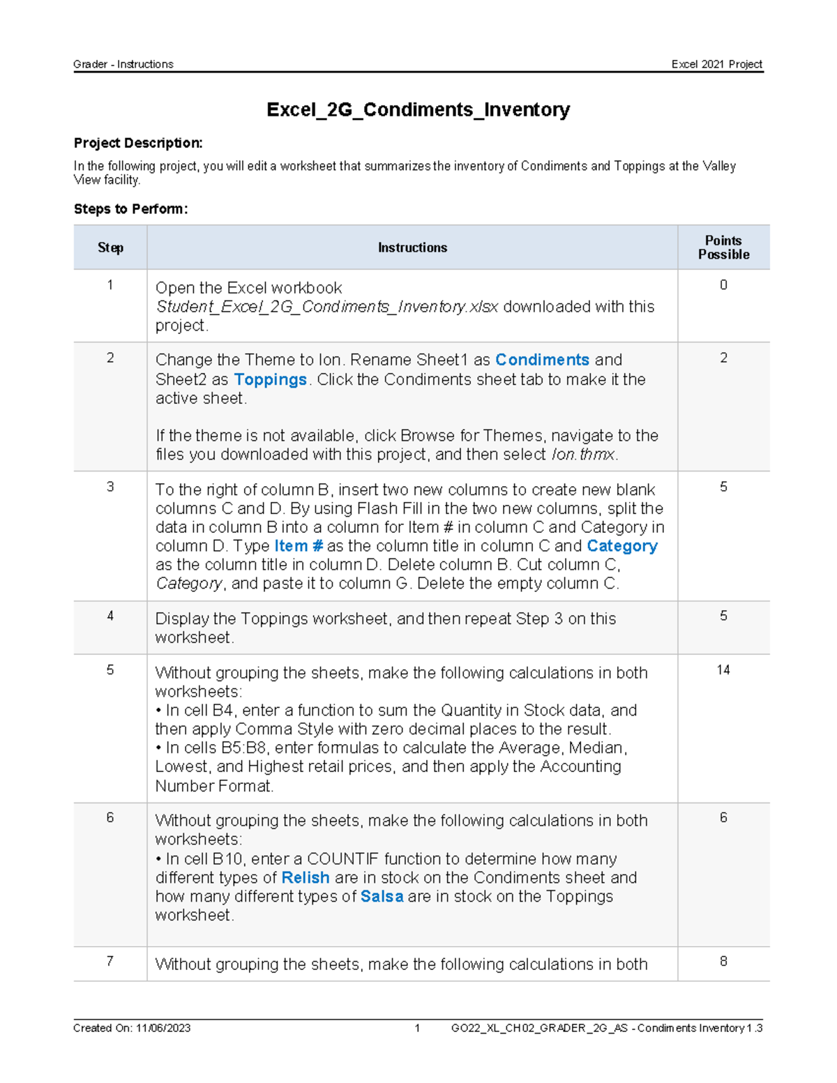 Excel 2G Condiments Inventory Instructions - Grader - Instructions Excel 2021 Project - Studocu