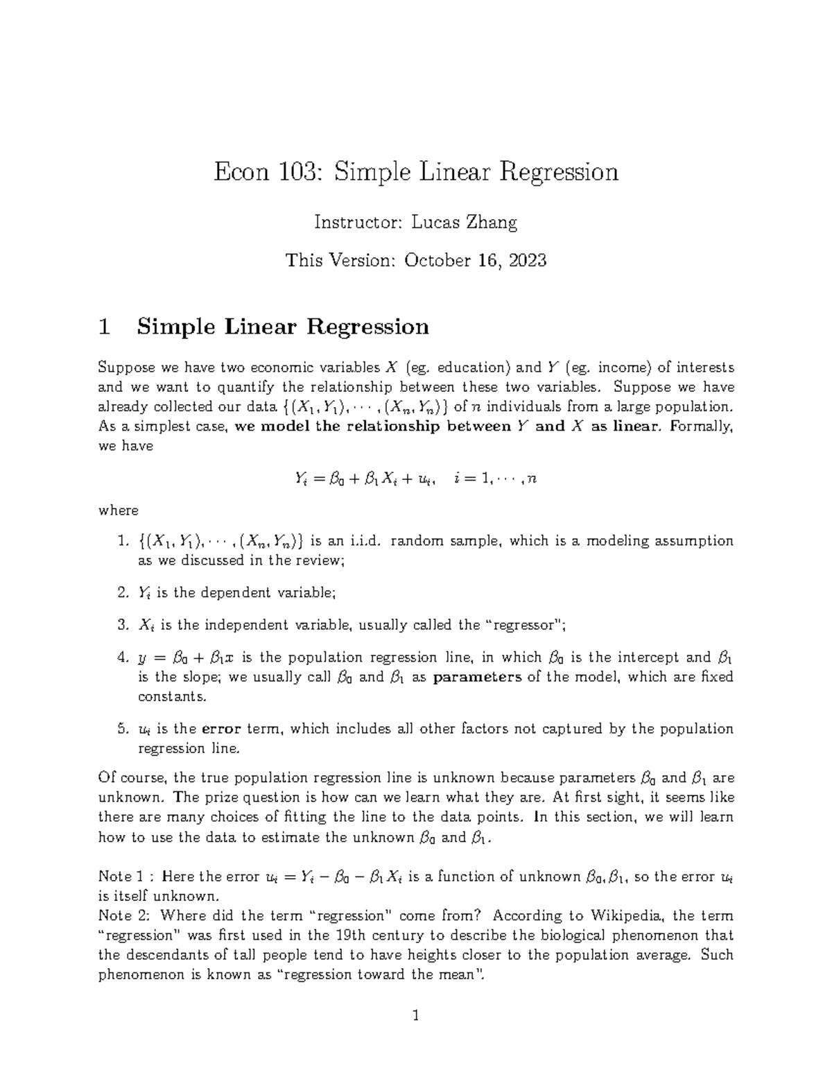 Simple linear reg - wag - Econ 103: Simple Linear Regression Instructor: Lucas Zhang This ...