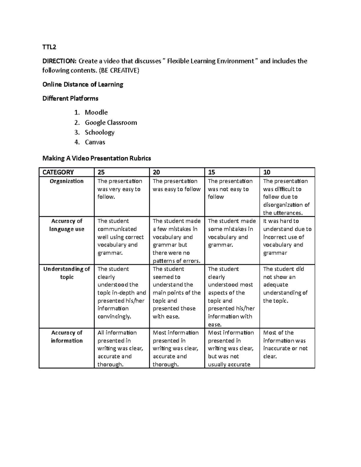 TTL2 - none - TTL DIRECTION: Create a video that discusses " Flexible Learning Environment - Studocu