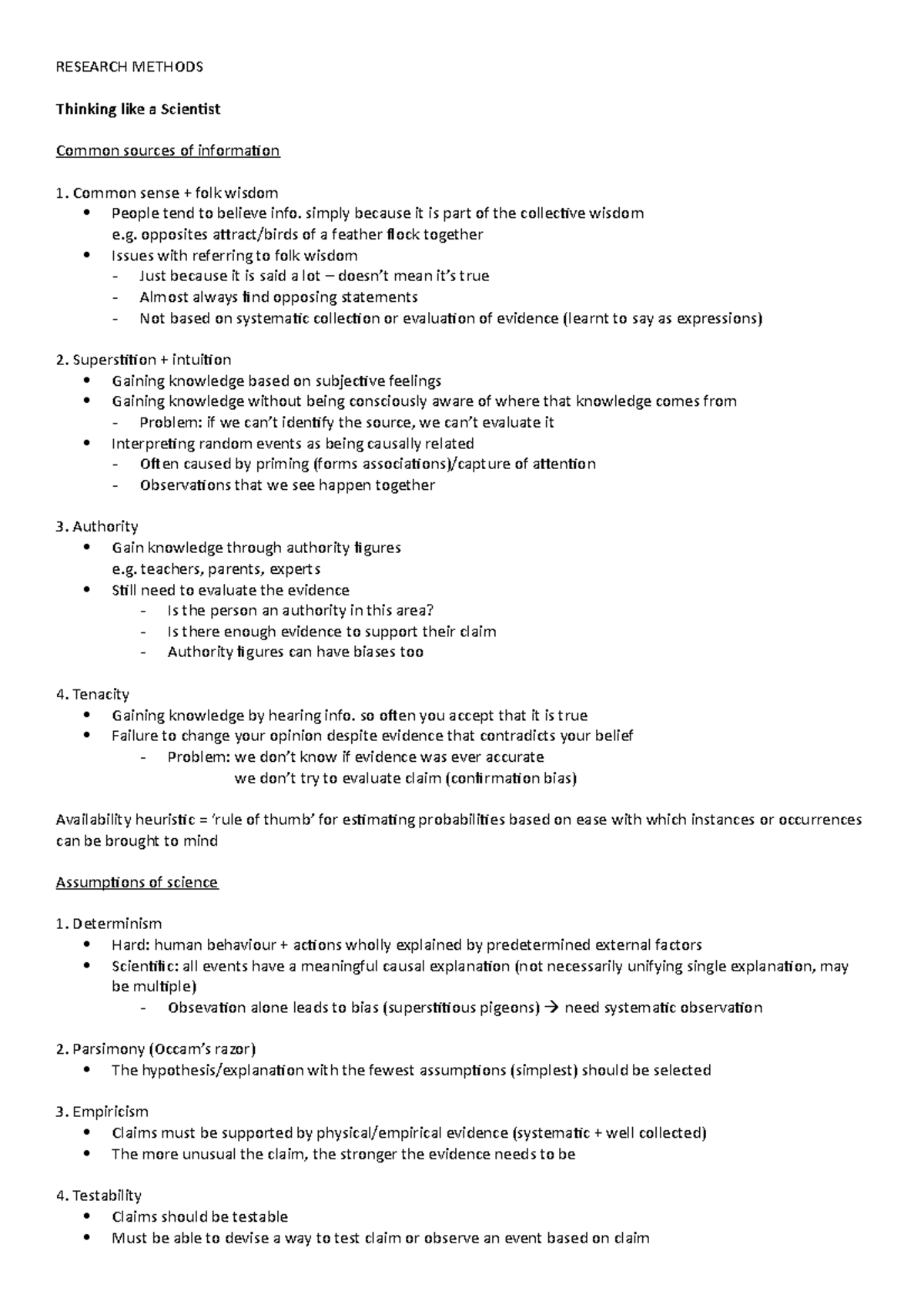 Research Methods notes - RESEARCH METHODS Thinking like a Scientist ...