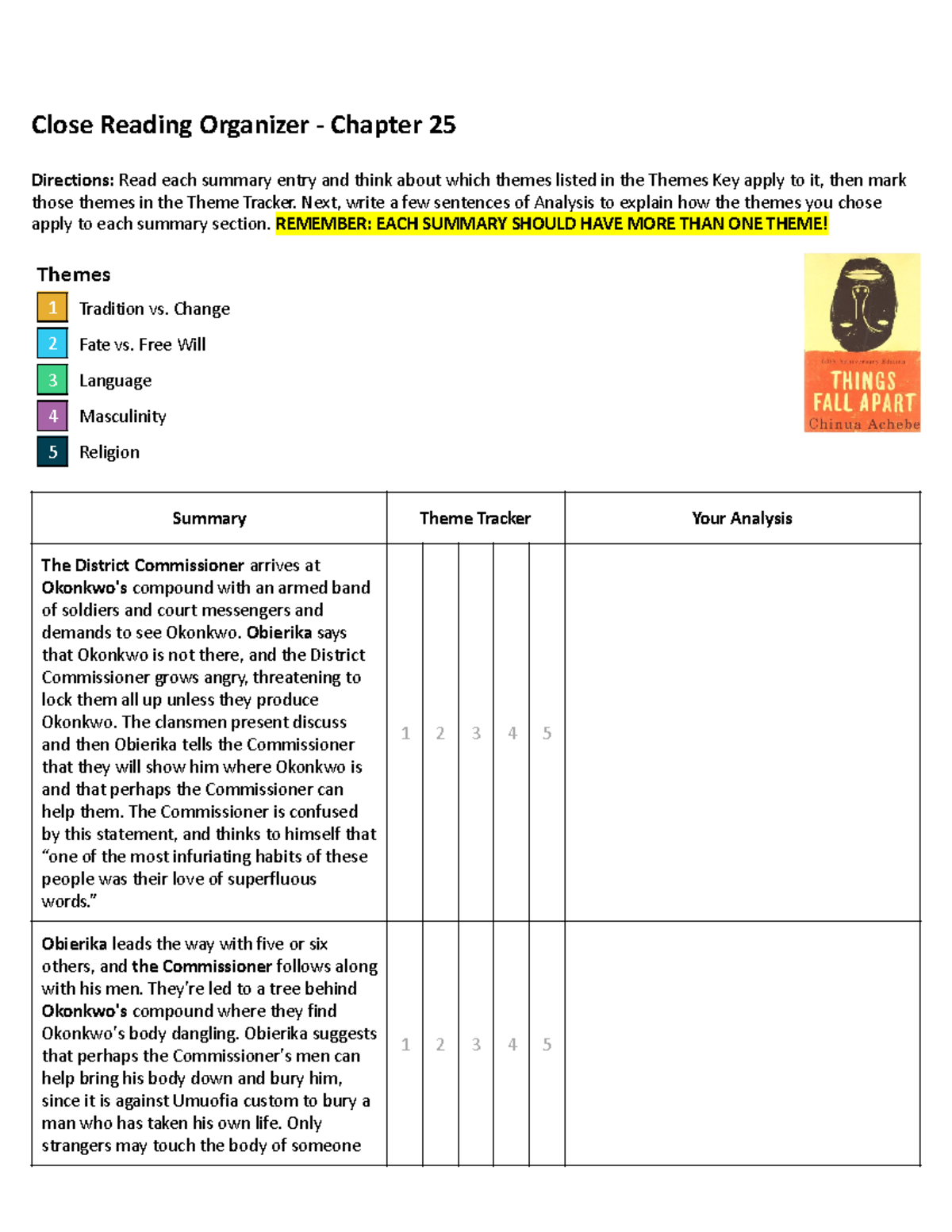 TFA Close Reading Organizer chapter 25 - Close Reading Organizer ...