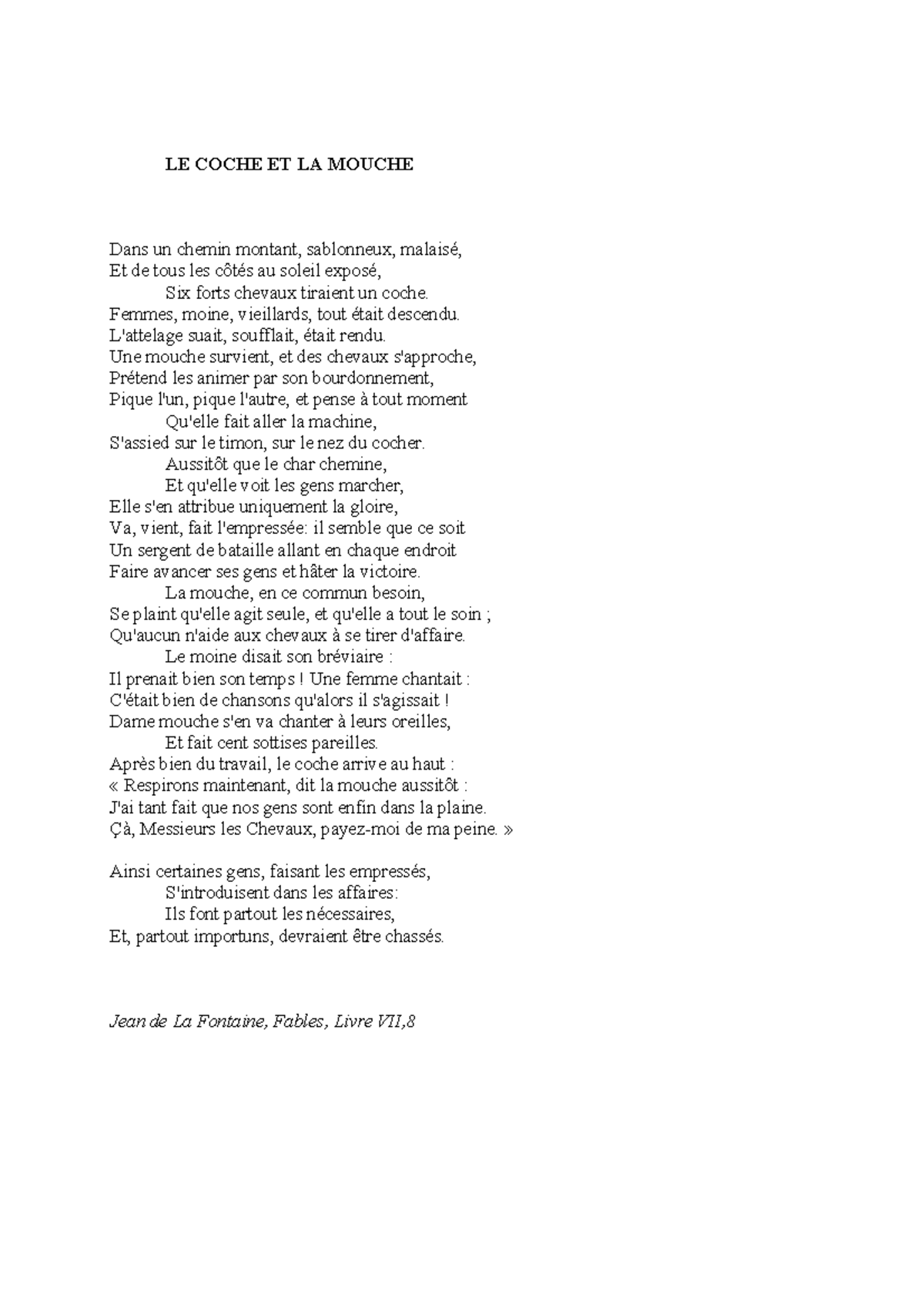 Le coche et la mouche - Texte - LE COCHE ET LA MOUCHE Dans un chemin ...