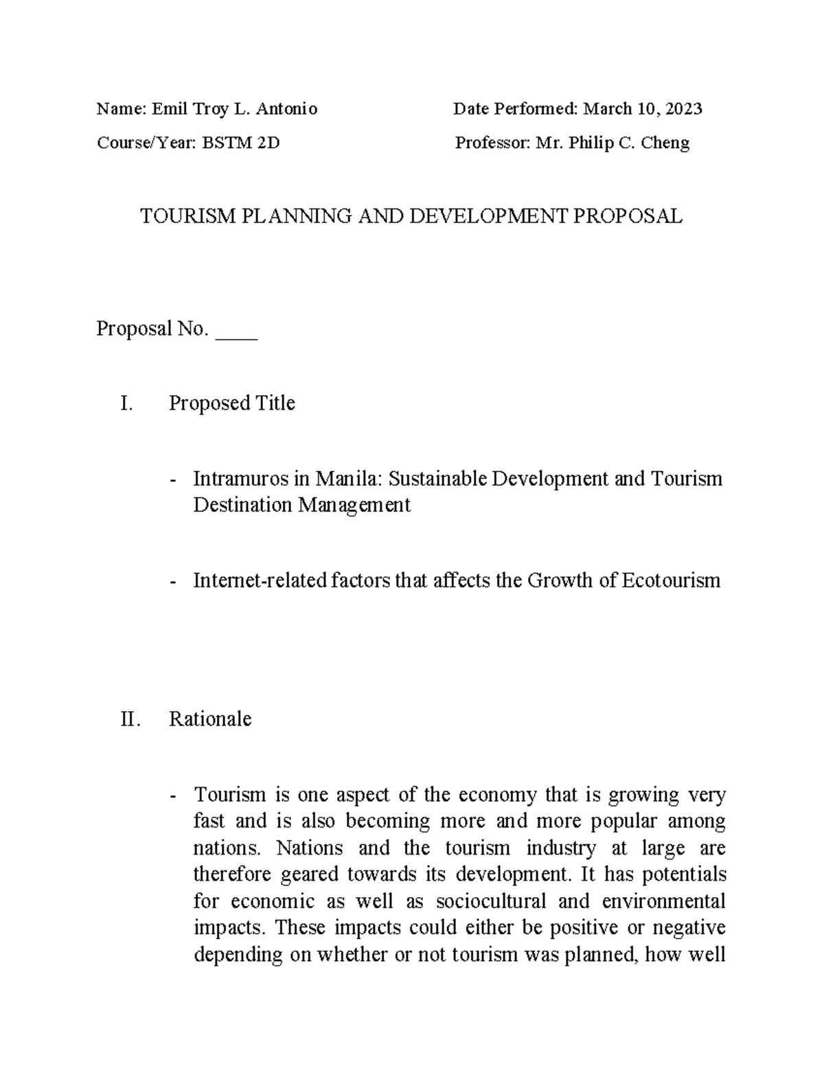 Tourism Planning and Development Proposal activity - Name: Emil Troy L ...