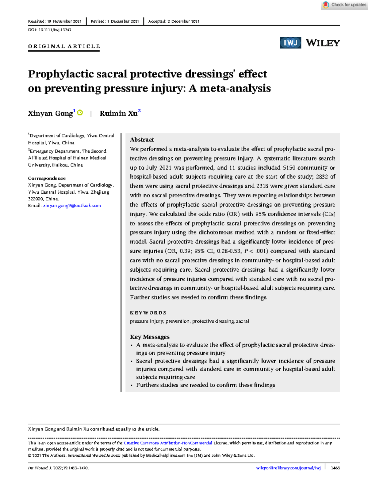 International Wound Journal - 2022 - Gong - Prophylactic sacral ...