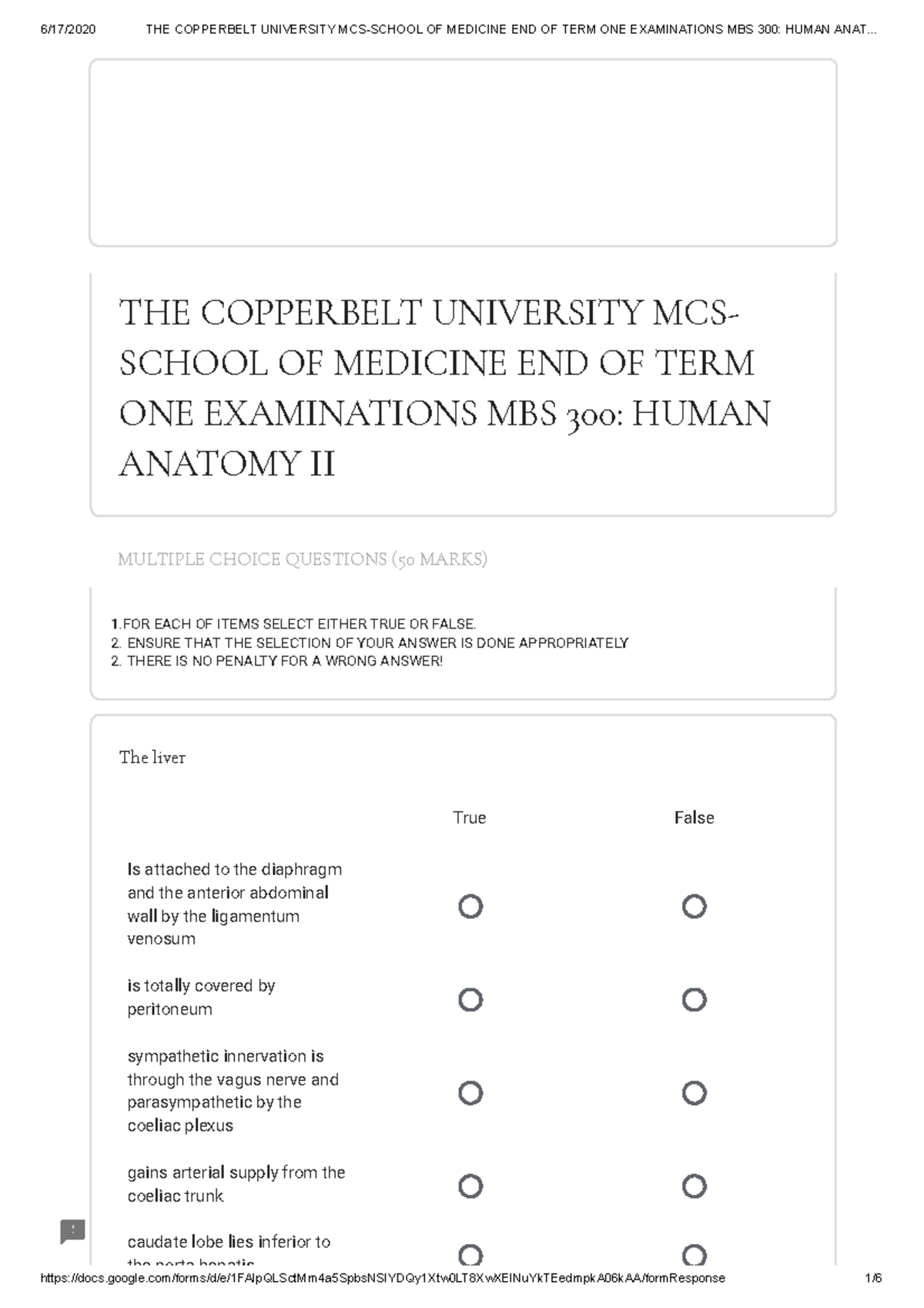 Anatomy MCS 200 - MULTIPLE CHOICE QUESTIONS (50 MARKS) 1 EACH OF ITEMS ...