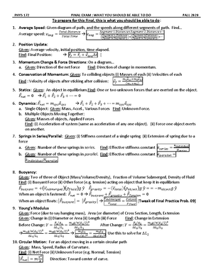 Physics - Summary of formulas and techniques to resolve problems on PHYS 172. Based on - small ...