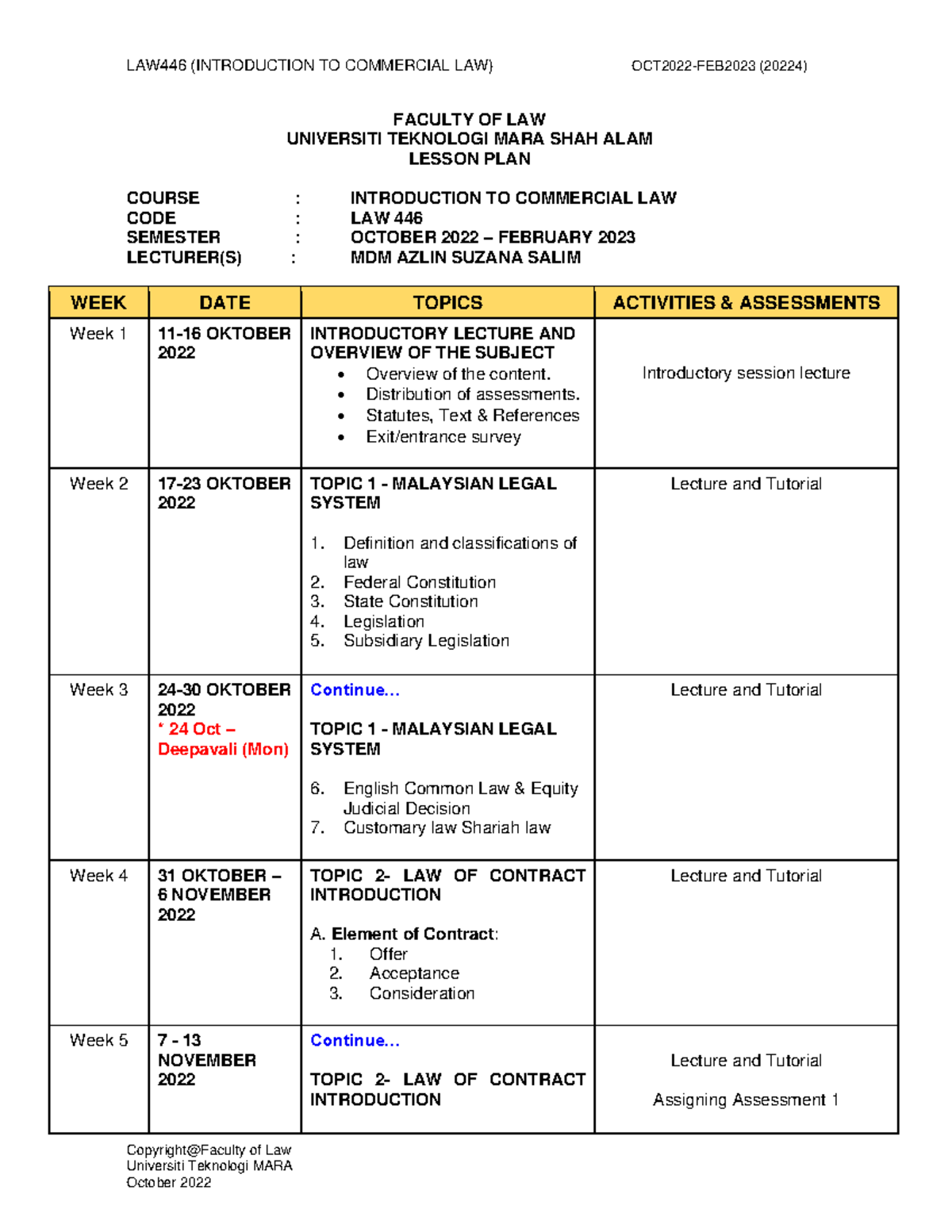 LAW446- Lesson PLAN FOR SEM OCT 2022 - FEB 2023 - Copyright@Faculty of ...