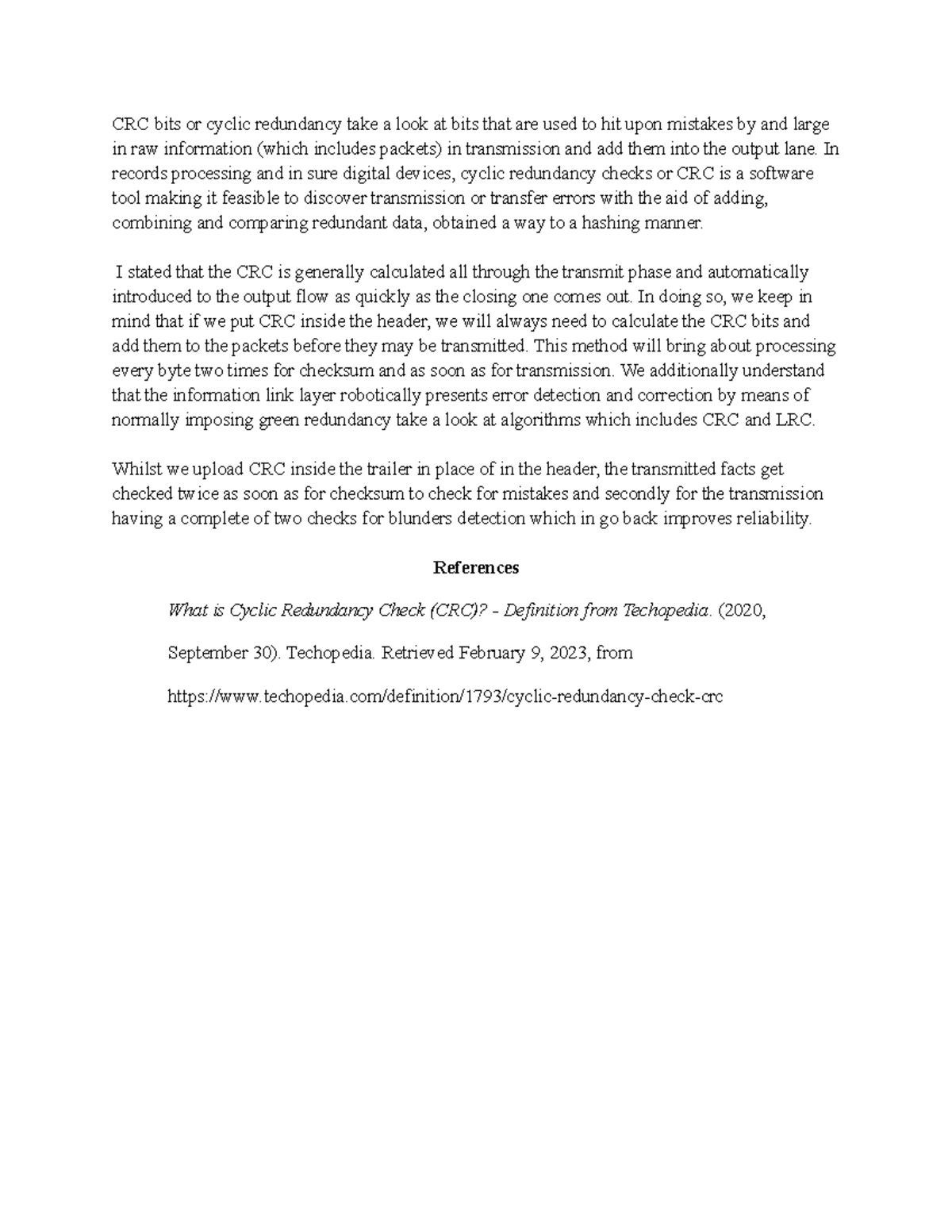 CS 2204 Learning Journal unit 2 - CRC bits or cyclic redundancy take a look at bits that are ...