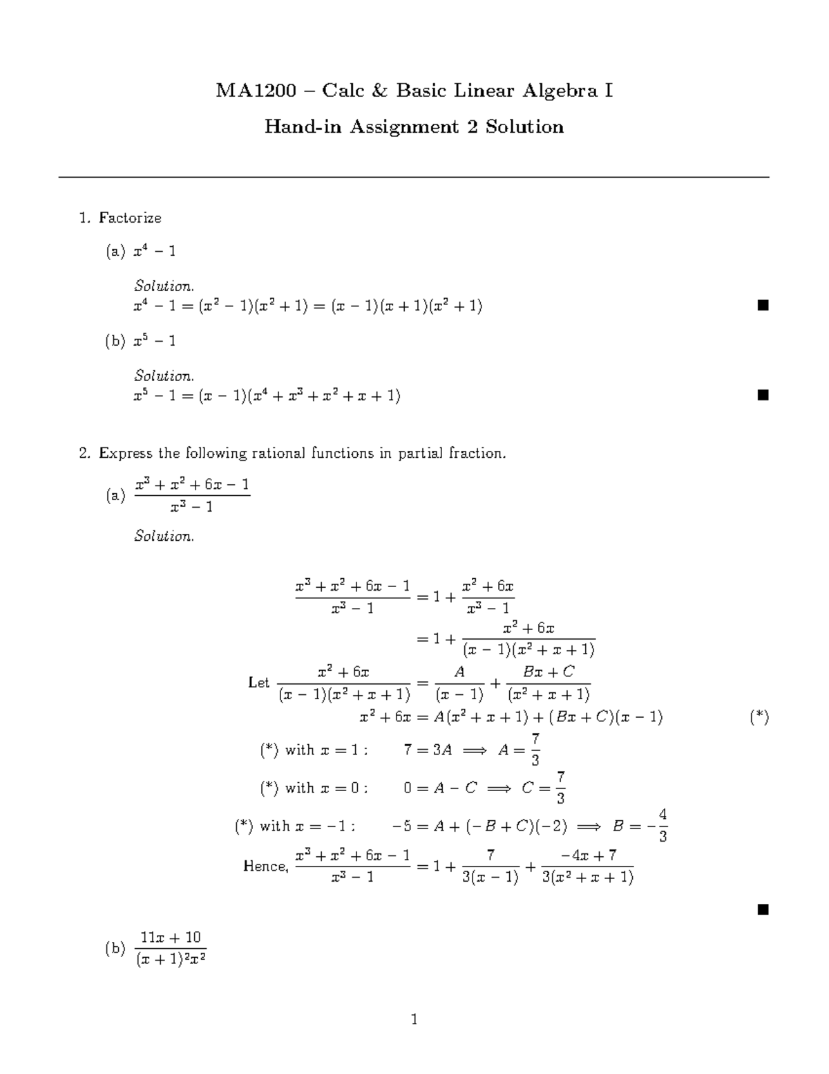 Hw2 sol - HW2 Solution - MA1200 – Calc & Basic Linear Algebra I Hand-in ...