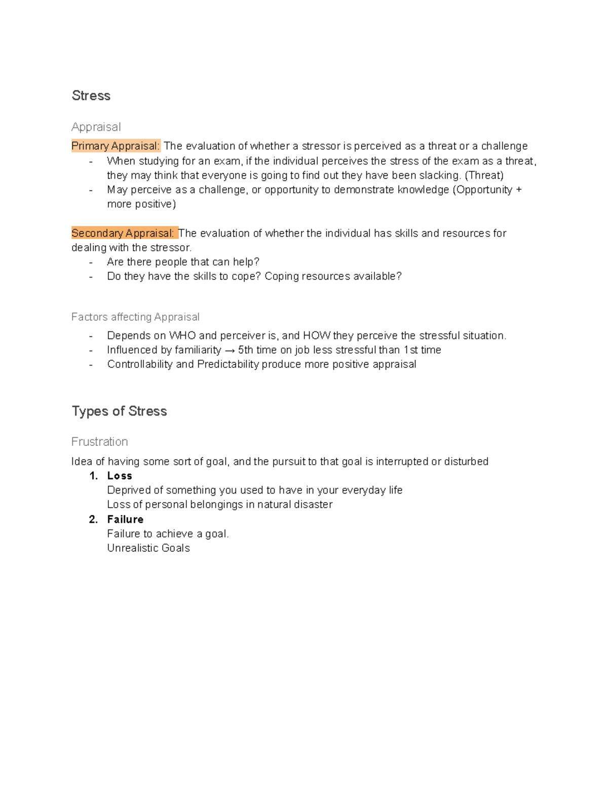 PSYC Week 10 Lectures - Stress Appraisal Primary Appraisal: The ...