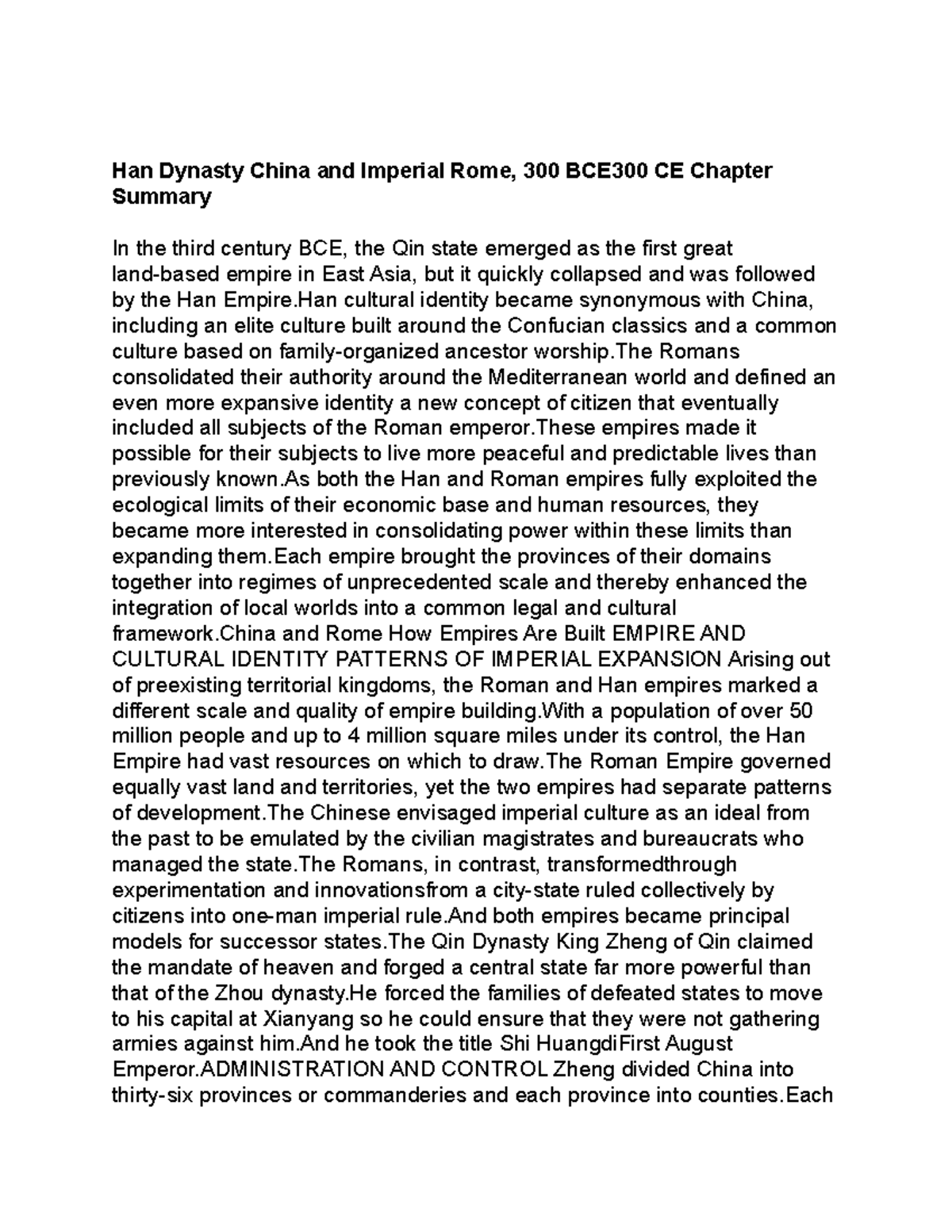 Hist100 summary - Han Dynasty China and Imperial Rome, 300 BCE300 CE ...