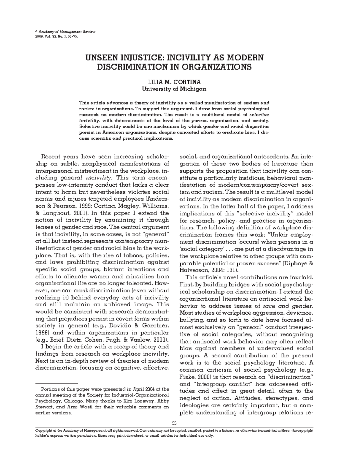 Unseen injustice incivility as modern discrimination in organizations ...