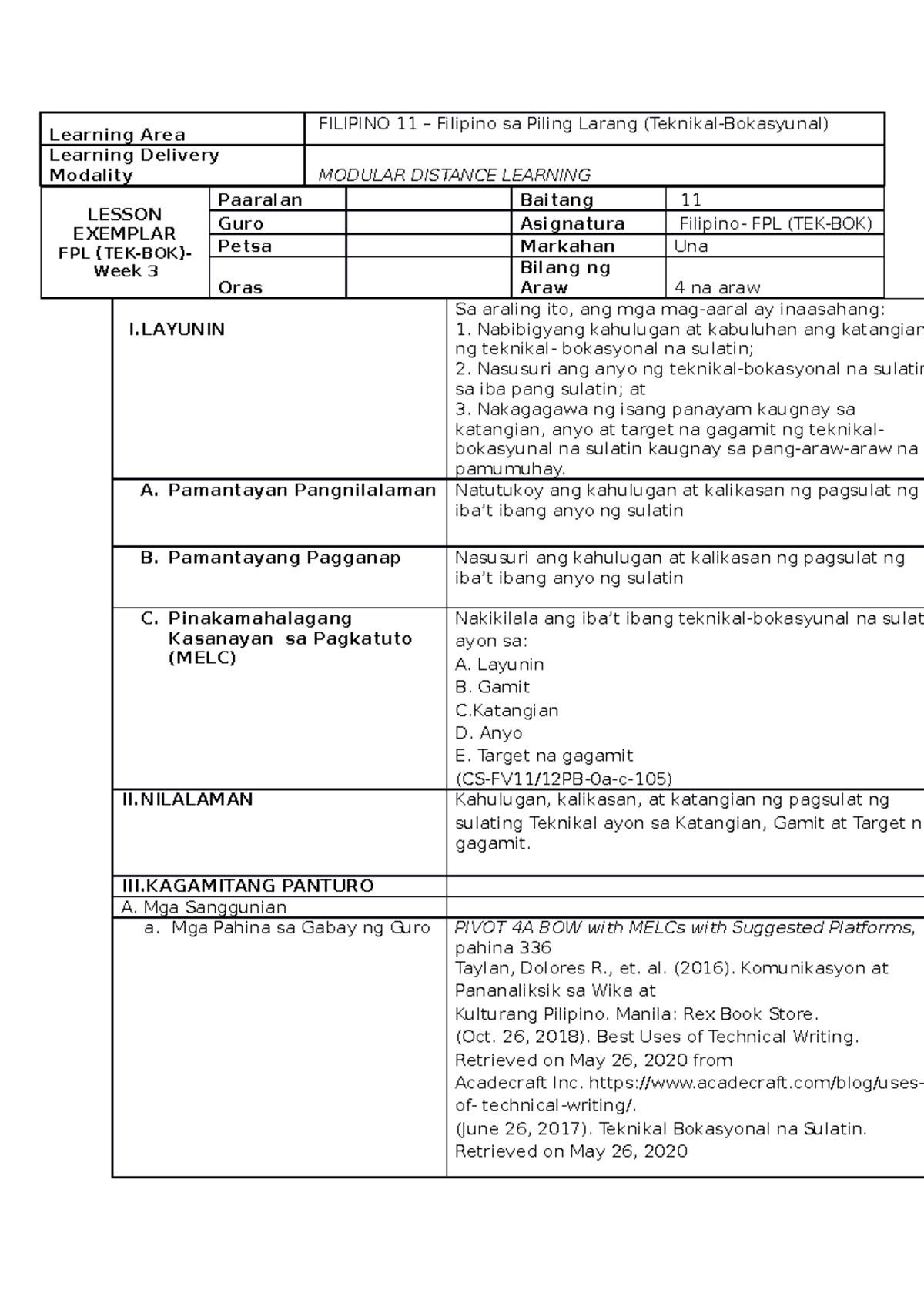 WEEK 3 Filipino-11- Fpltek-BOK-Week-3-LE2-Aralin-2 - Learning Area ...