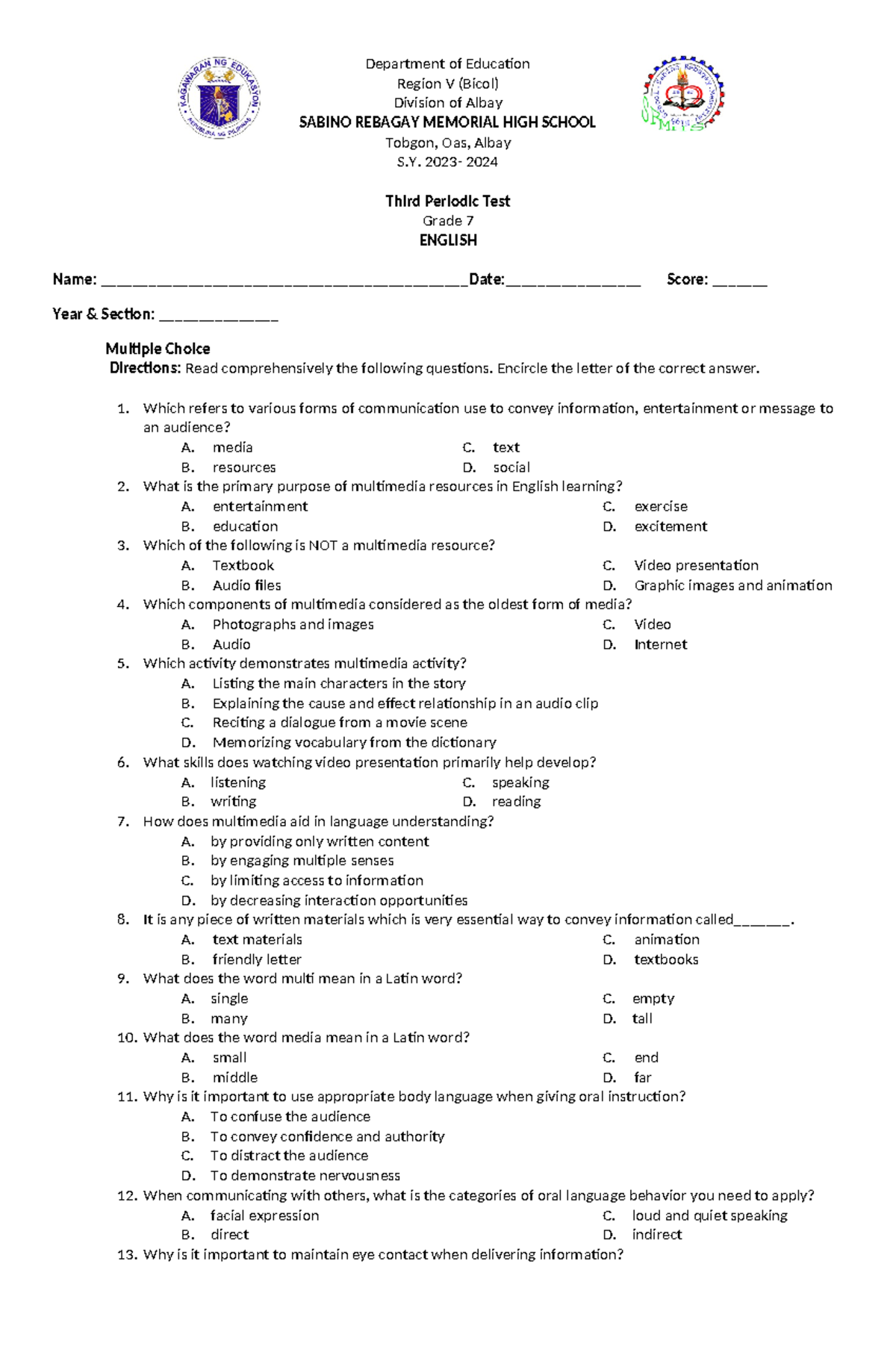 3RD Grading EXAM G-7 - Department of Education Region V (Bicol ...