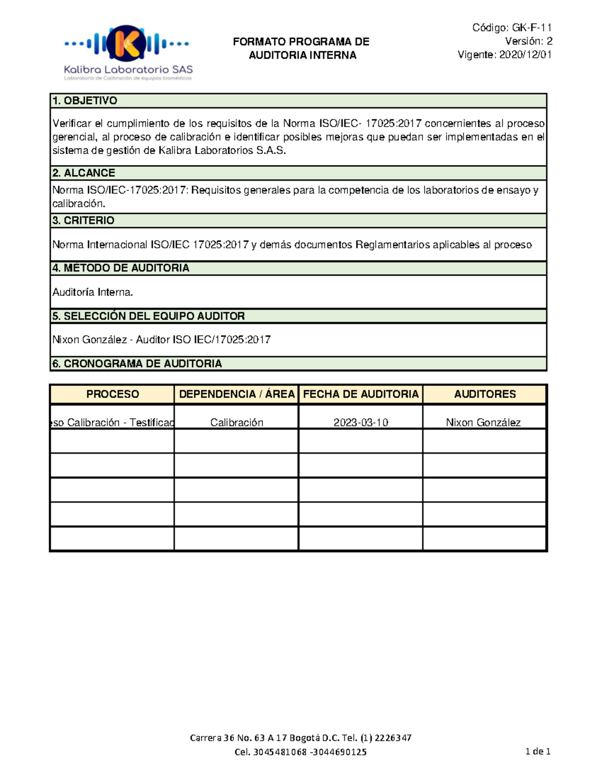 GK-F-11 Formato Programa de Auditoria Interna 2023-03-10 - FORMATO PROGRAMA DE AUDITORIA INTERNA ...