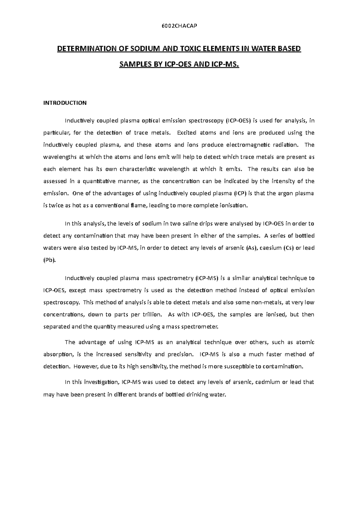 ICP Report 6002 Chacap - Analysis of water samples to determine the ...