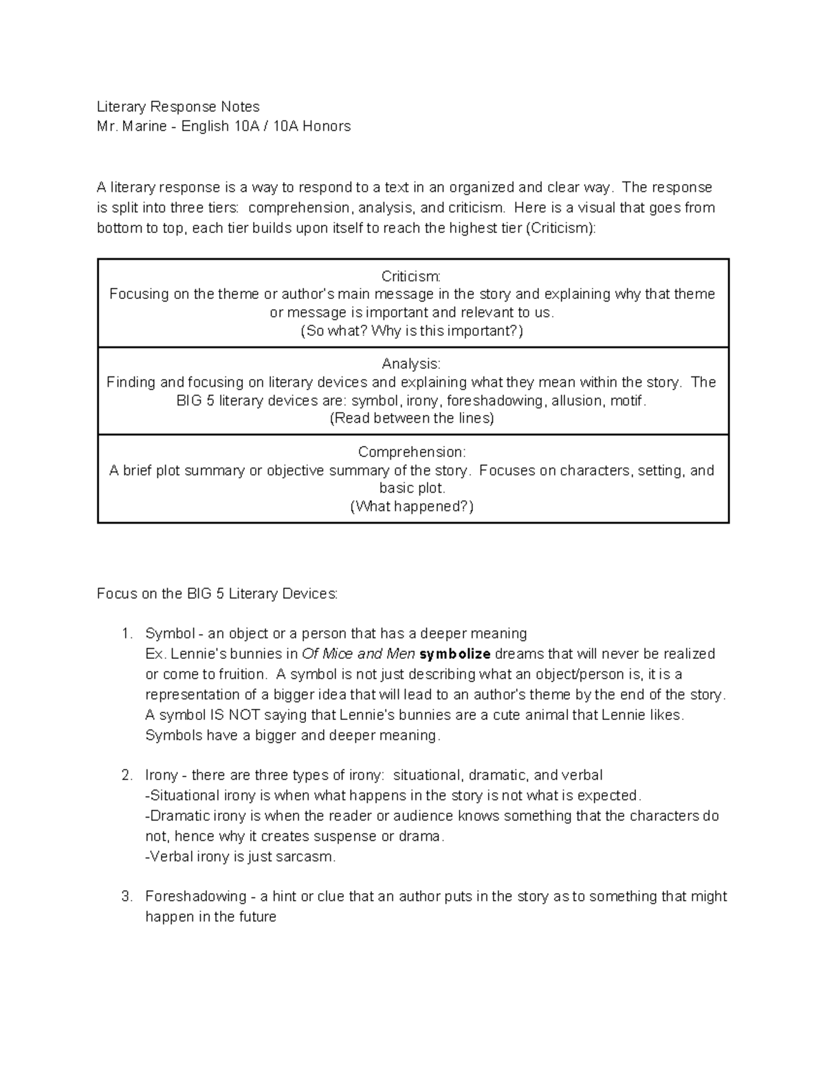Literary Response Notes Schoology - Literary Response Notes Mr. Marine ...