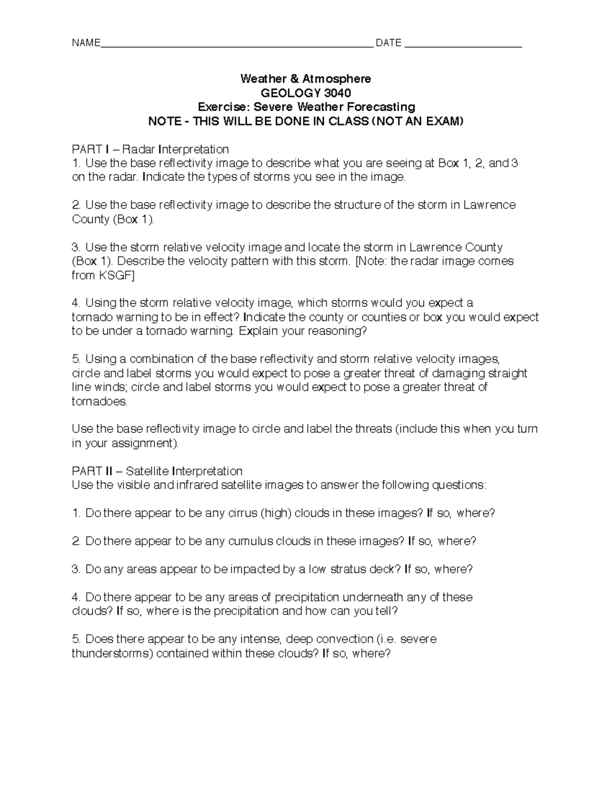 3040 Severe Weather Worksheet - Weather & Atmosphere GEOLOGY 3040 ...
