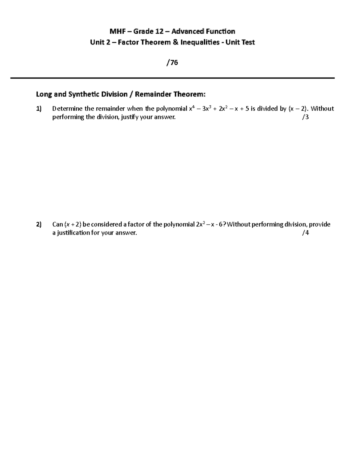 Unit 2 Factor Theorum Unit Test Mhf Grade 12 Advanced Function Unit 2 Factor Theorem