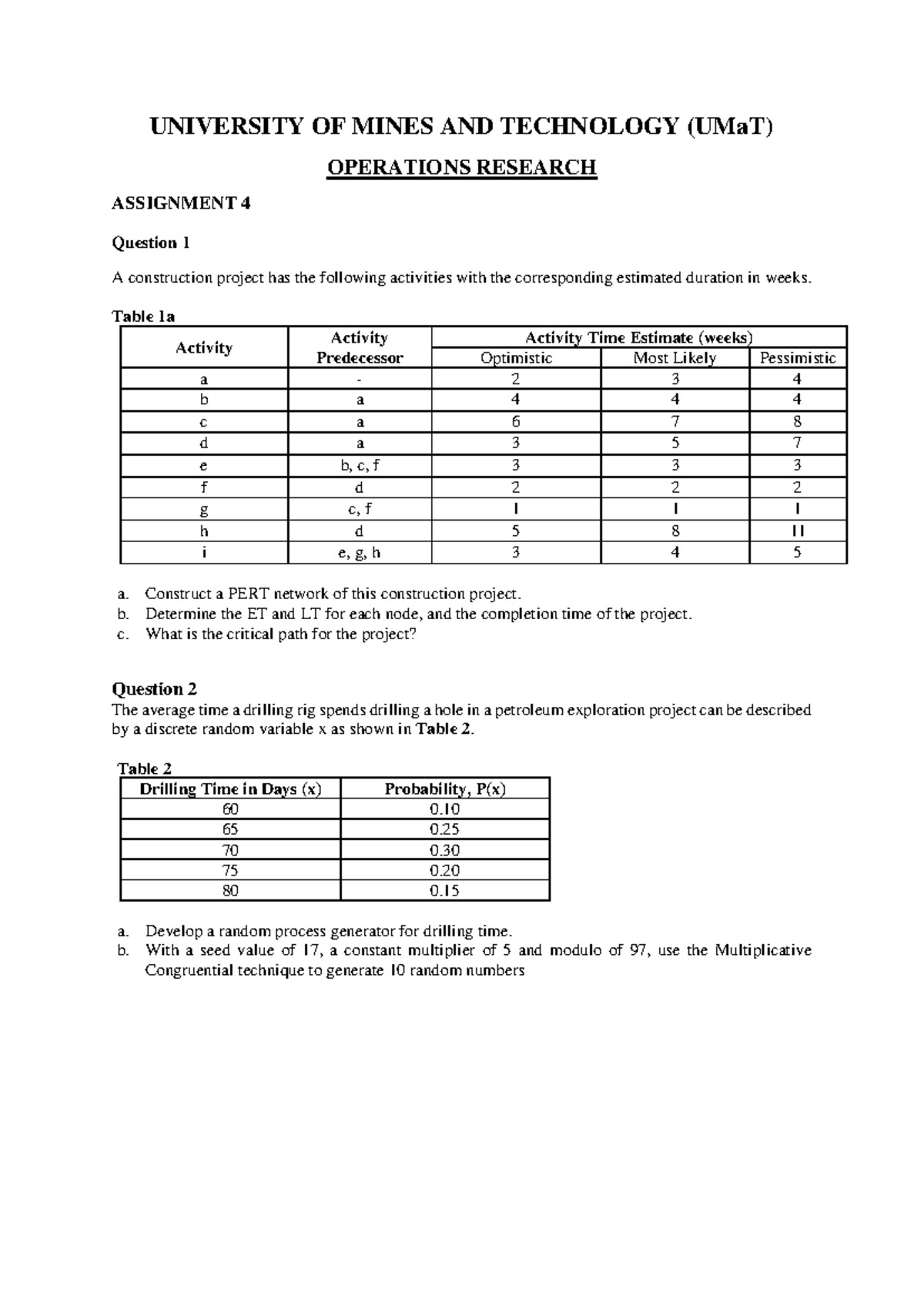 Assignment 4 - UNIVERSITY OF MINES AND TECHNOLOGY (UMaT) OPERATIONS ...