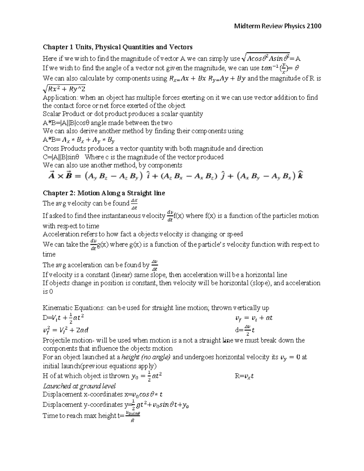Mid term Review Physics 2100 - Chapter 1 Units, Physical Quantities and ...